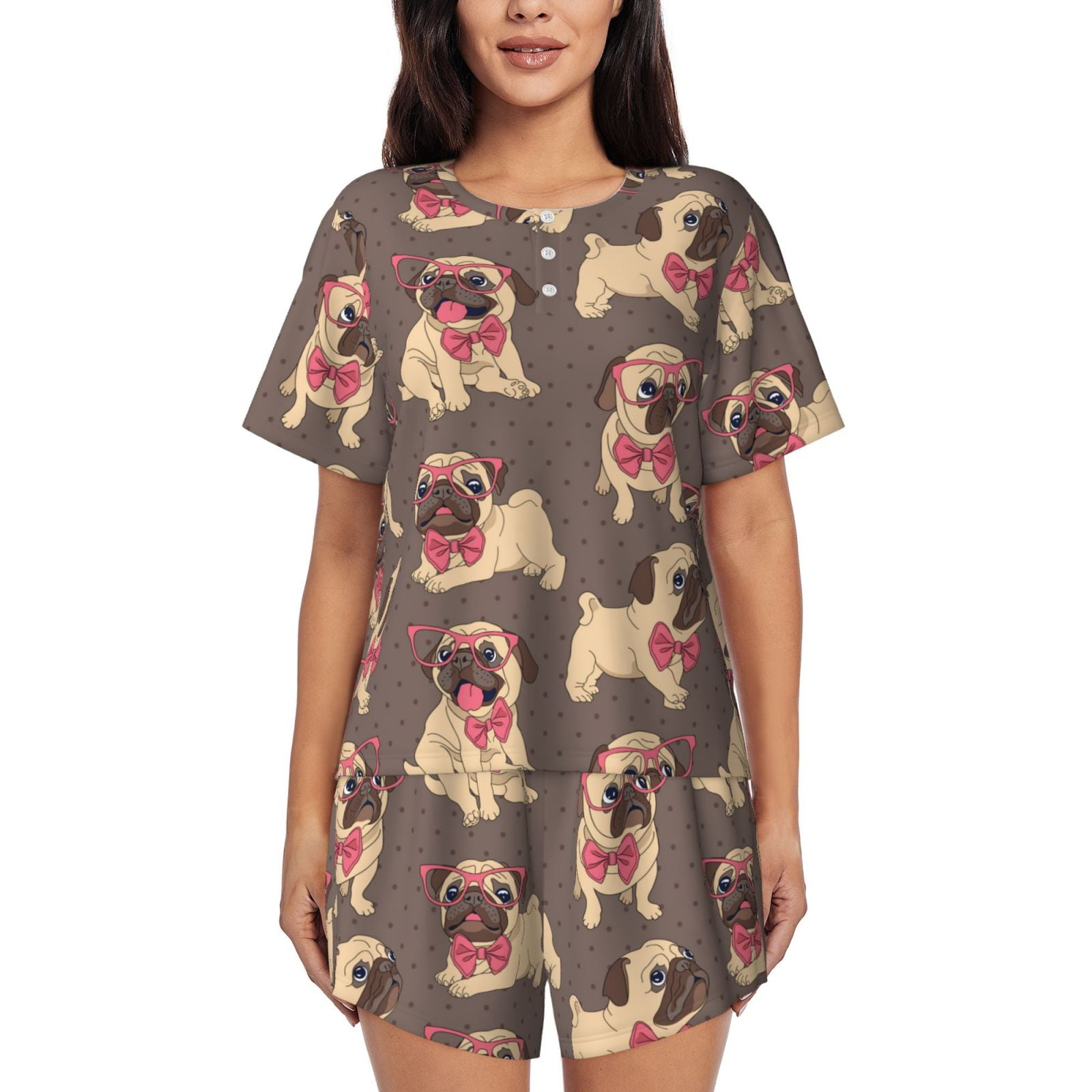 Qokaie Cut Pug Pattern Pajamas Sets for Women Soft Short-Sleeved Pjs ...