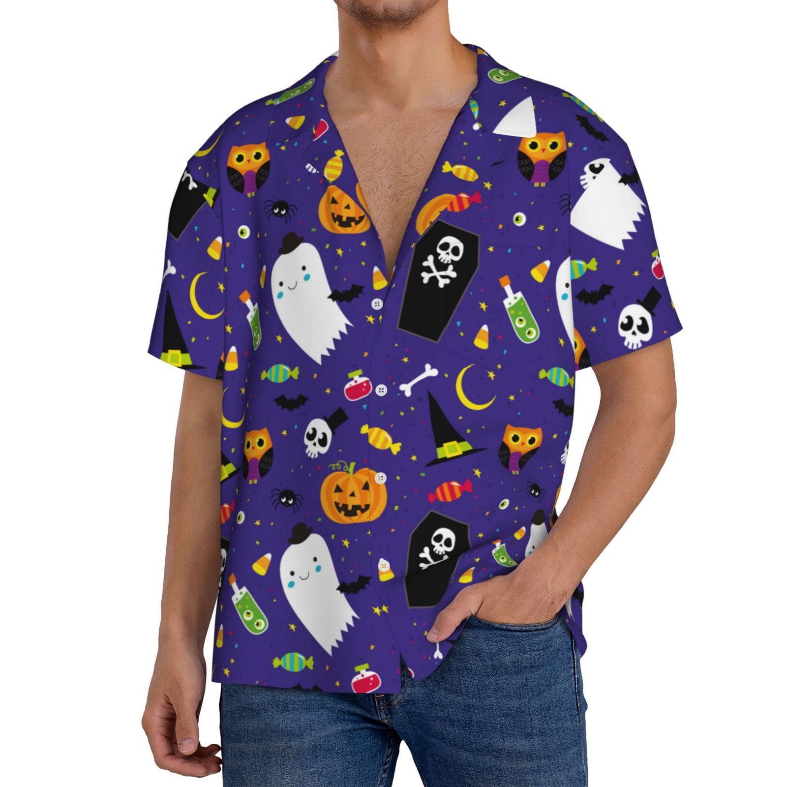 Qokaie Cute And Creepy Print Mens Casual Wrinkle Free Shirts Short ...