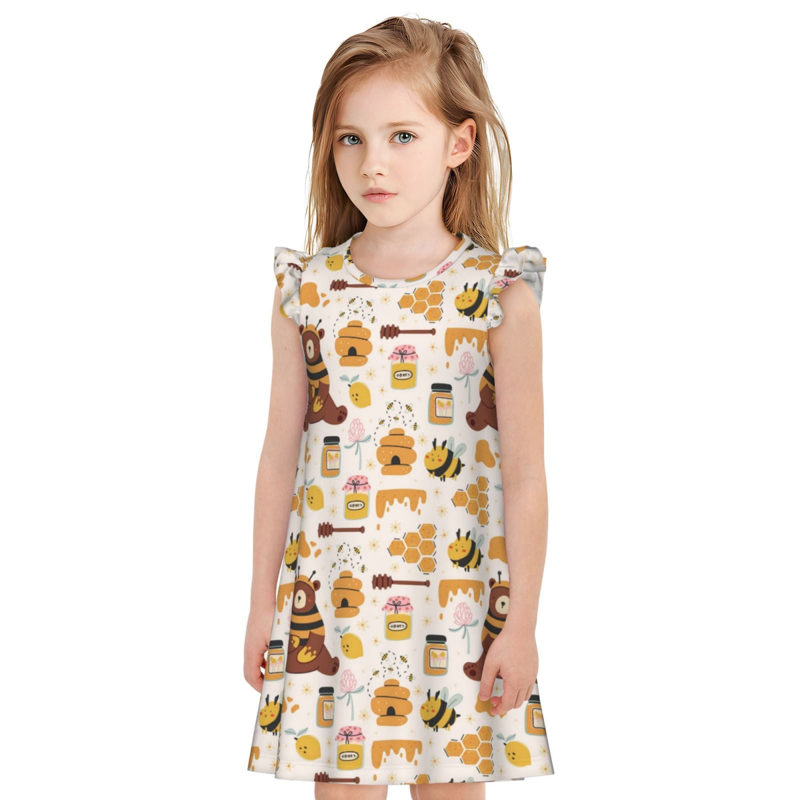 Qokaie Cute Bee Honey Jar Hive Bear Print Girls Nightgowns, Nightgown ...