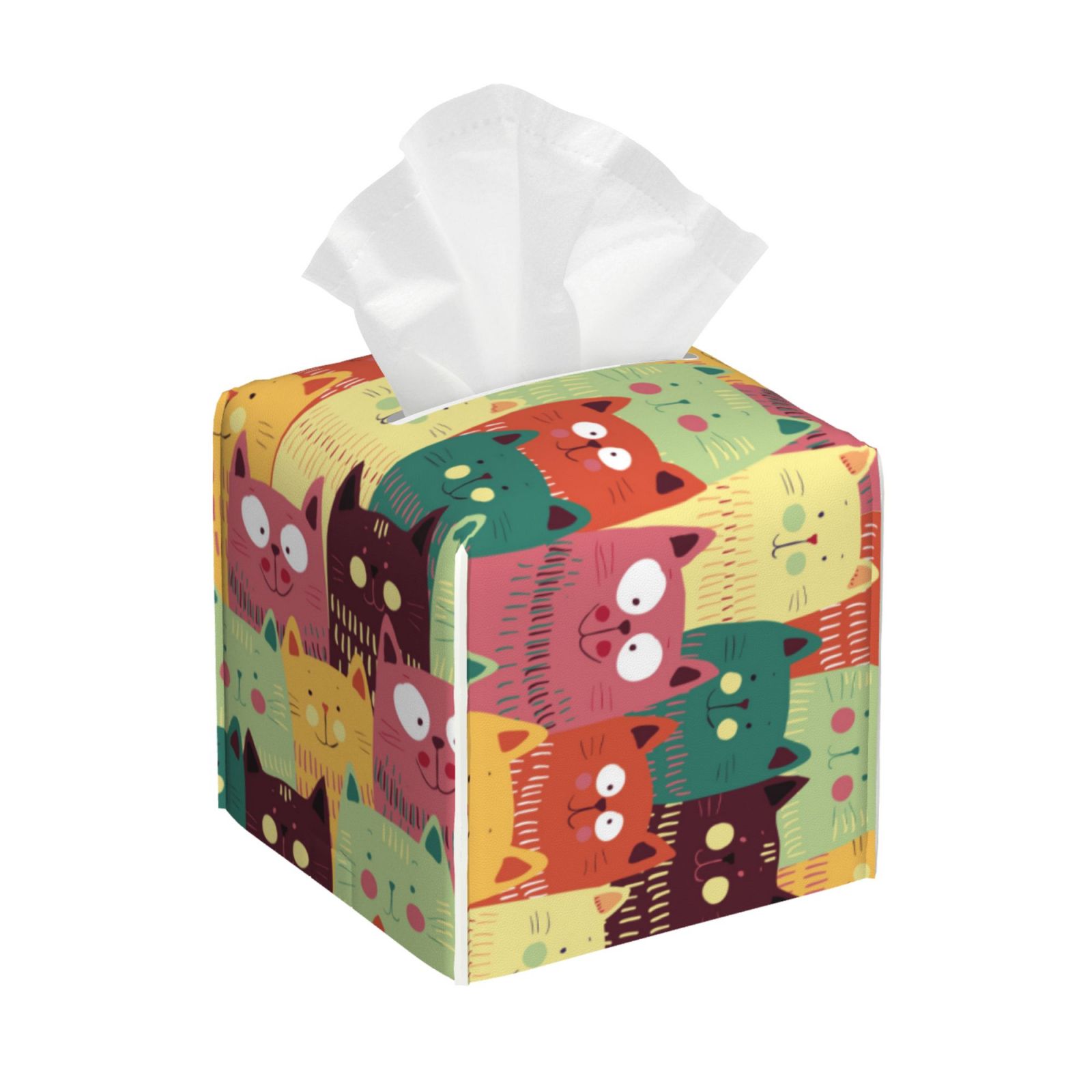 Qokaie Cute Cartoon Cat Print Tissue Box Cover, Refined Modern Leather ...
