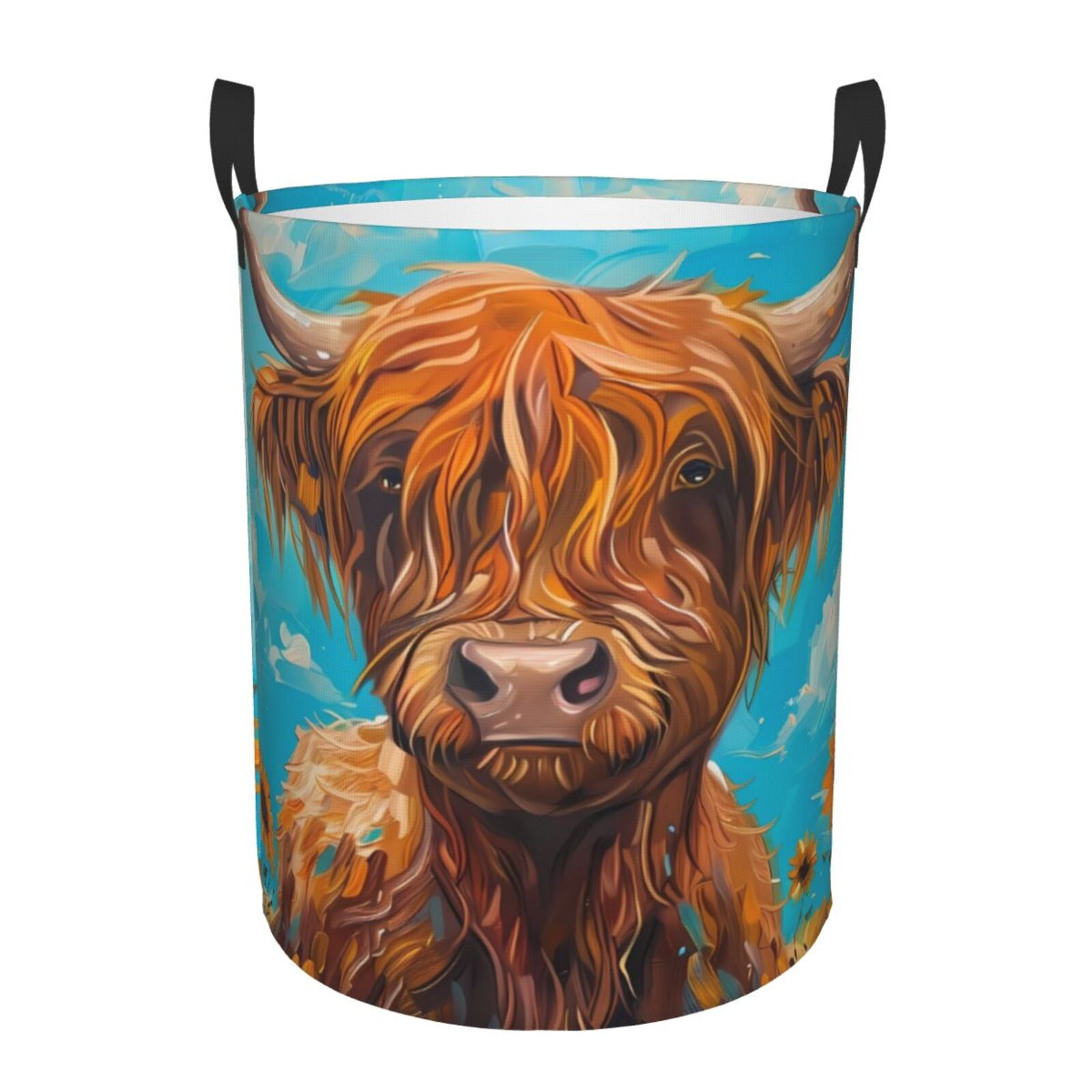 Qokaie Cute Cow Sunflowers Art Print Round Large Laundry Hamper, Tall ...