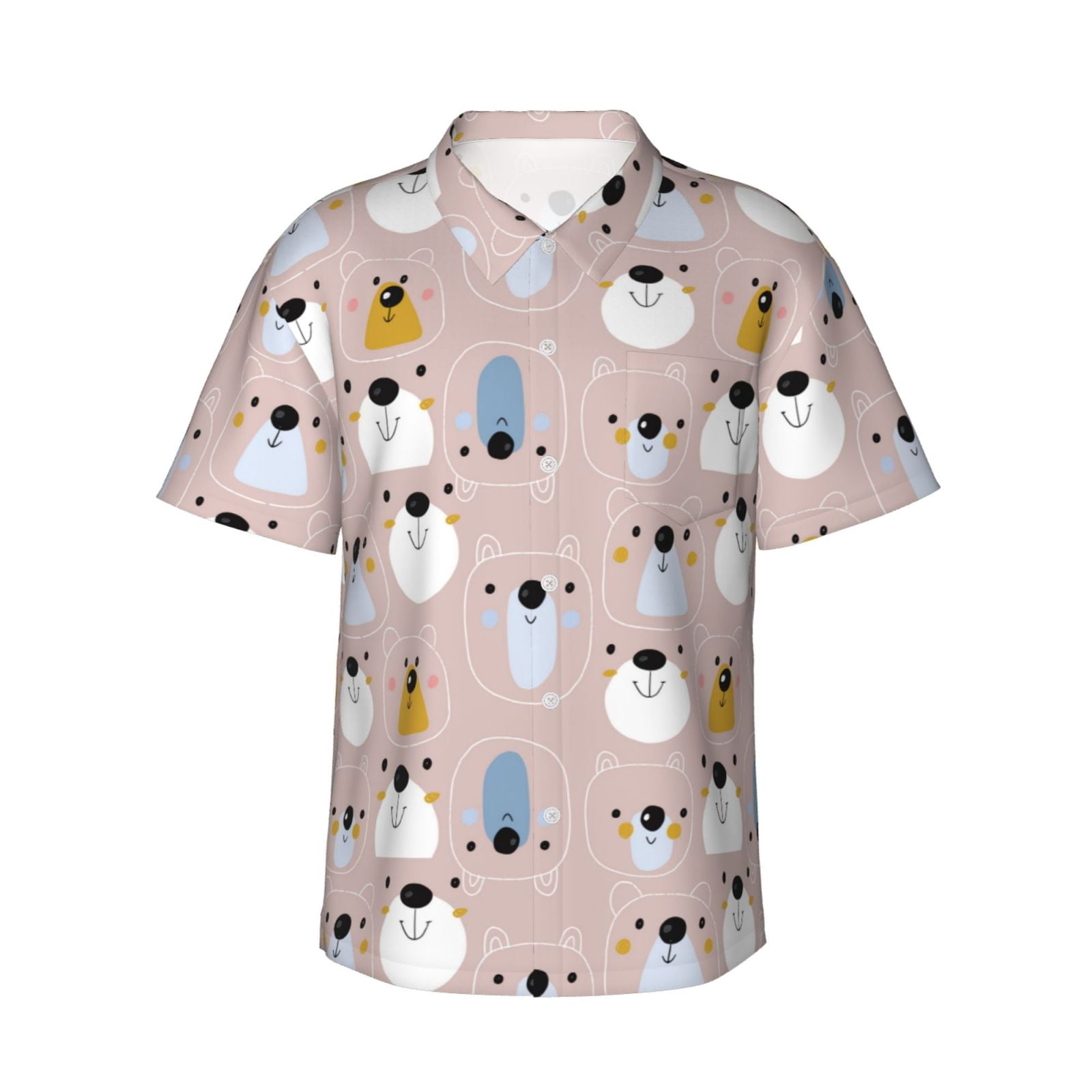 Qokaie Cute Hand Drawn Bear Print Men’s Hawaiian Shirt – Tropical Short ...