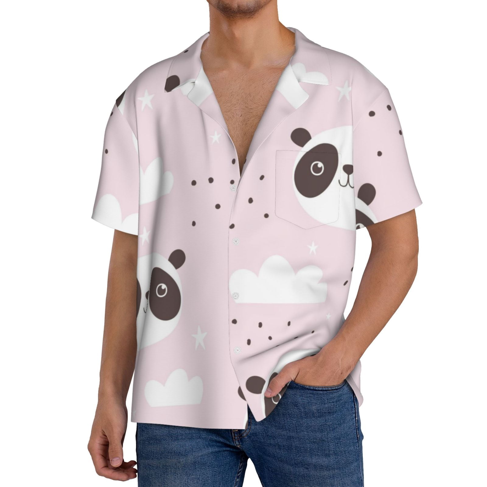 Qokaie Cute Panda Print Mens Casual Wrinkle Free Shirts Short Sleeve ...