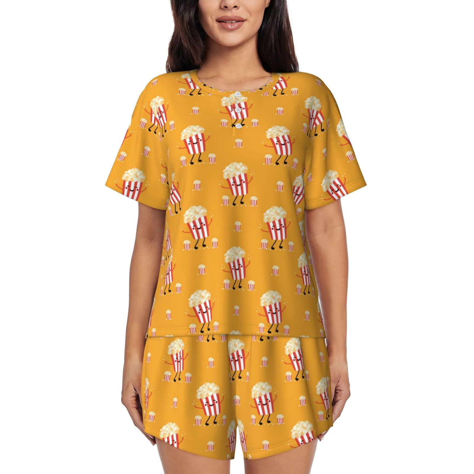 Qokaie Cute Popcorn Pattern Pajamas Sets for Women Soft Short-Sleeved ...