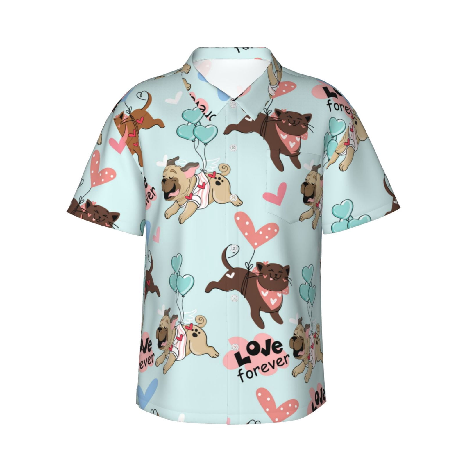 Qokaie Cute Pug Dogs Print Men’s Hawaiian Shirt – Tropical Short Sleeve ...