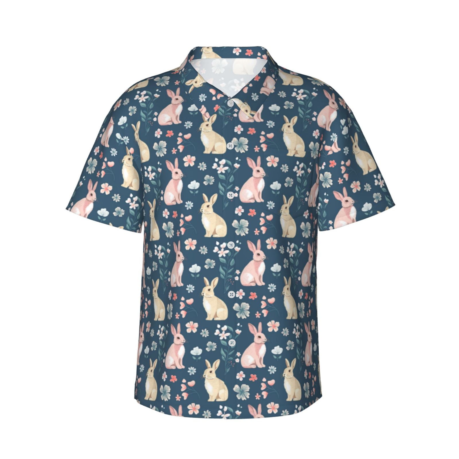 Qokaie Cute Rabbit Floral Print Men’s Hawaiian Shirt – Tropical Short ...