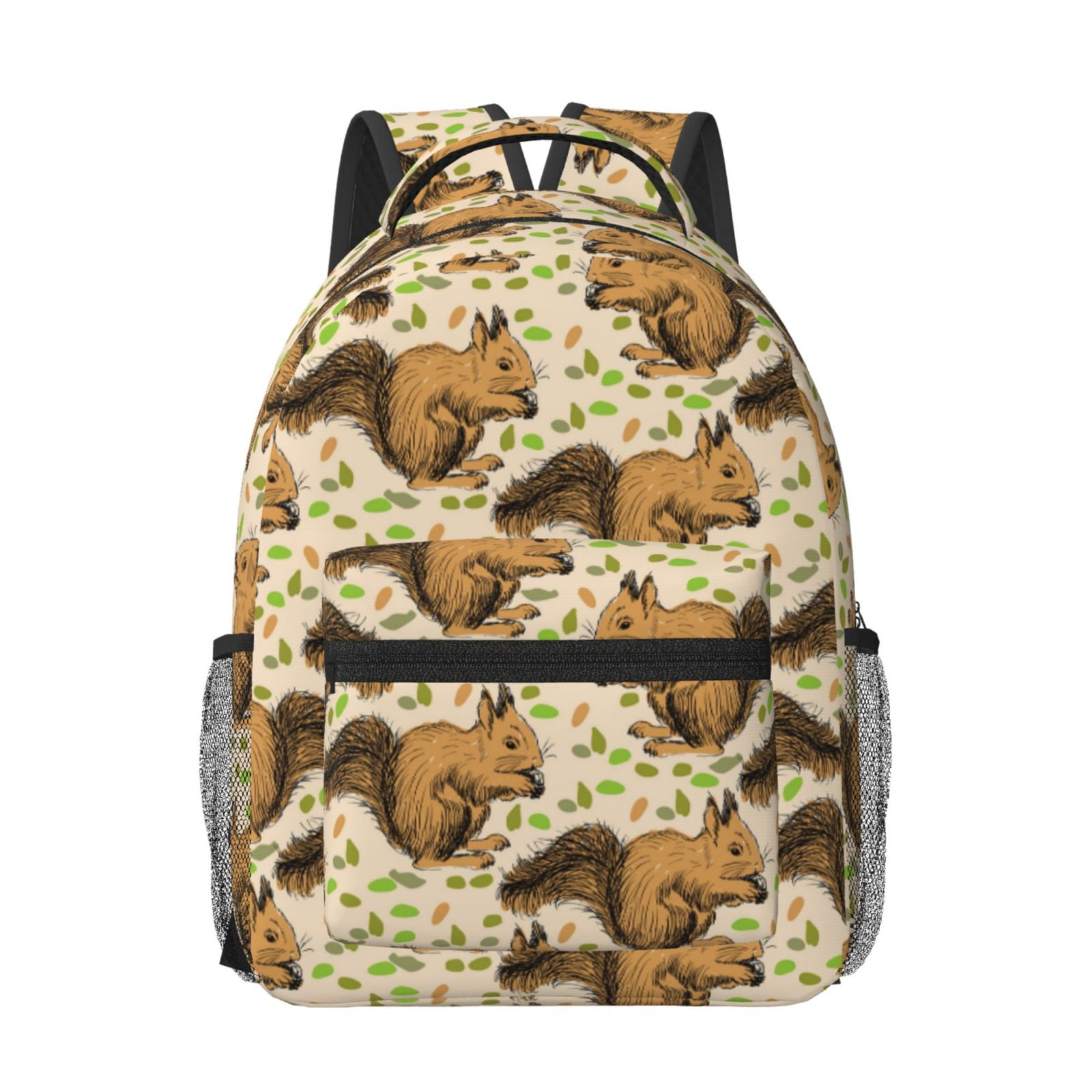 Qokaie Cute Squirrel with Green Leaves Style School Backpack Travel Bag ...