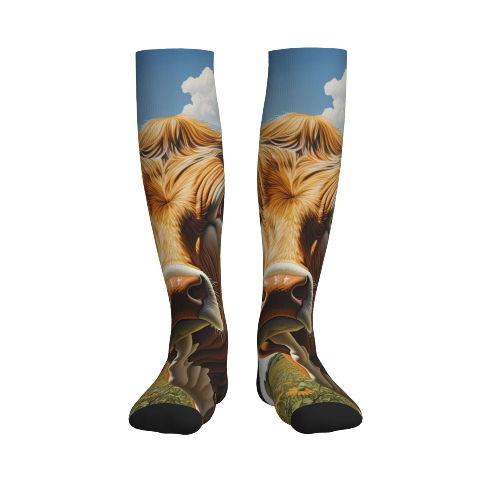 Qokaie Daisy Flower Field Cow Drawing Sports Compression Socks ...