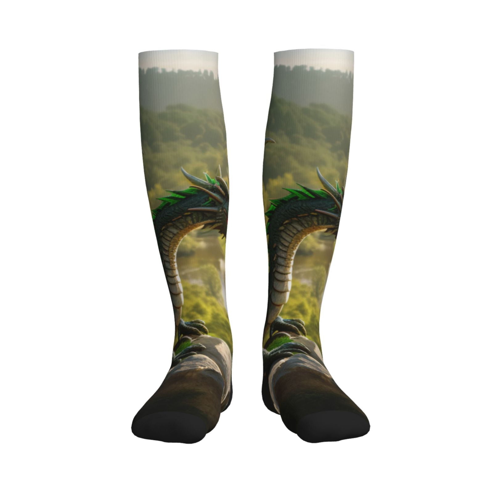 Qokaie Deep Forest Stone Green Dragon Drawing Sports Compression Socks ...