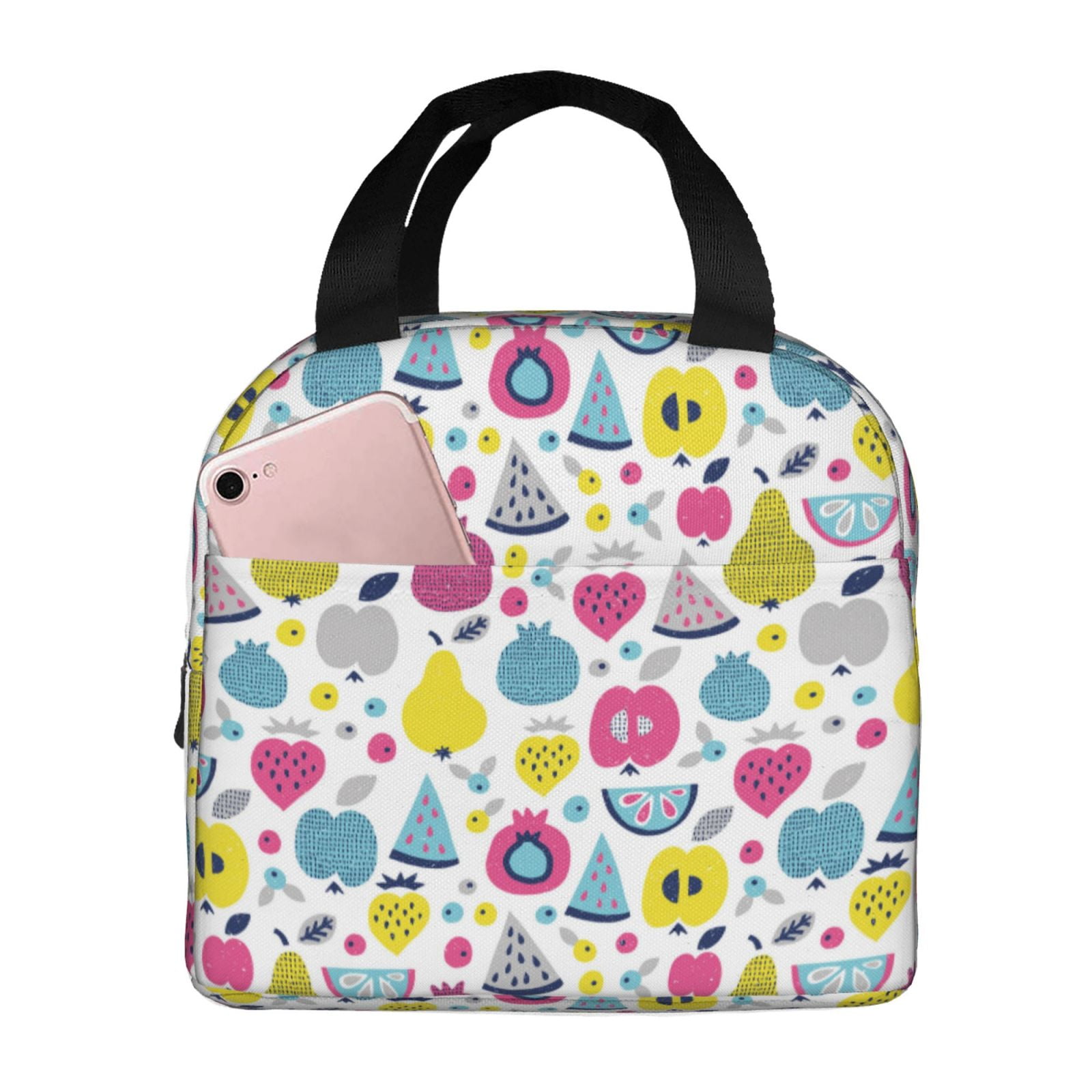 Qokaie Doodle Fruits Printed Large Insulated Lunch Bag Insulated Lunch ...