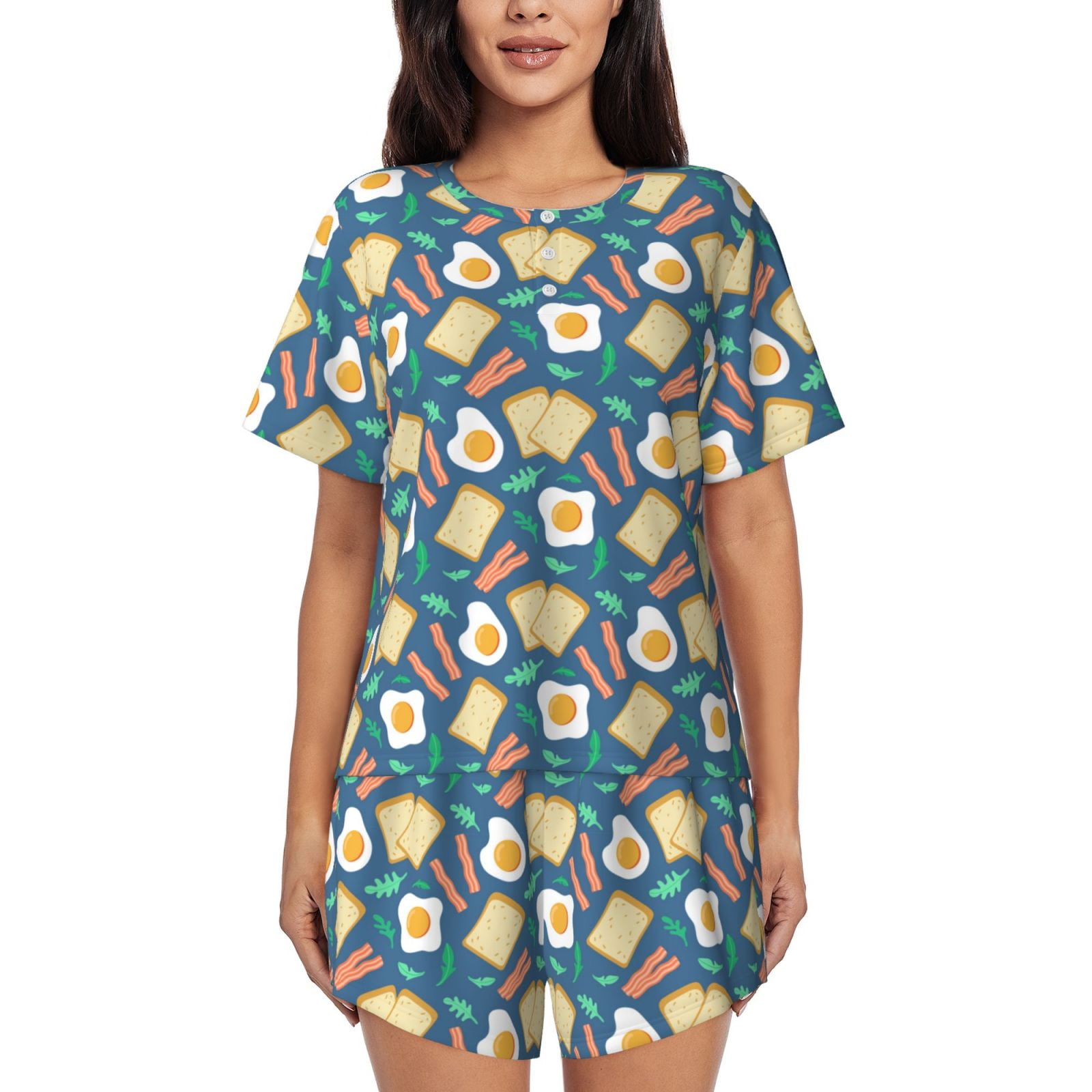 Qokaie Eggs Toast Bacon And Arugula Pattern Pajamas Sets for Women Soft ...