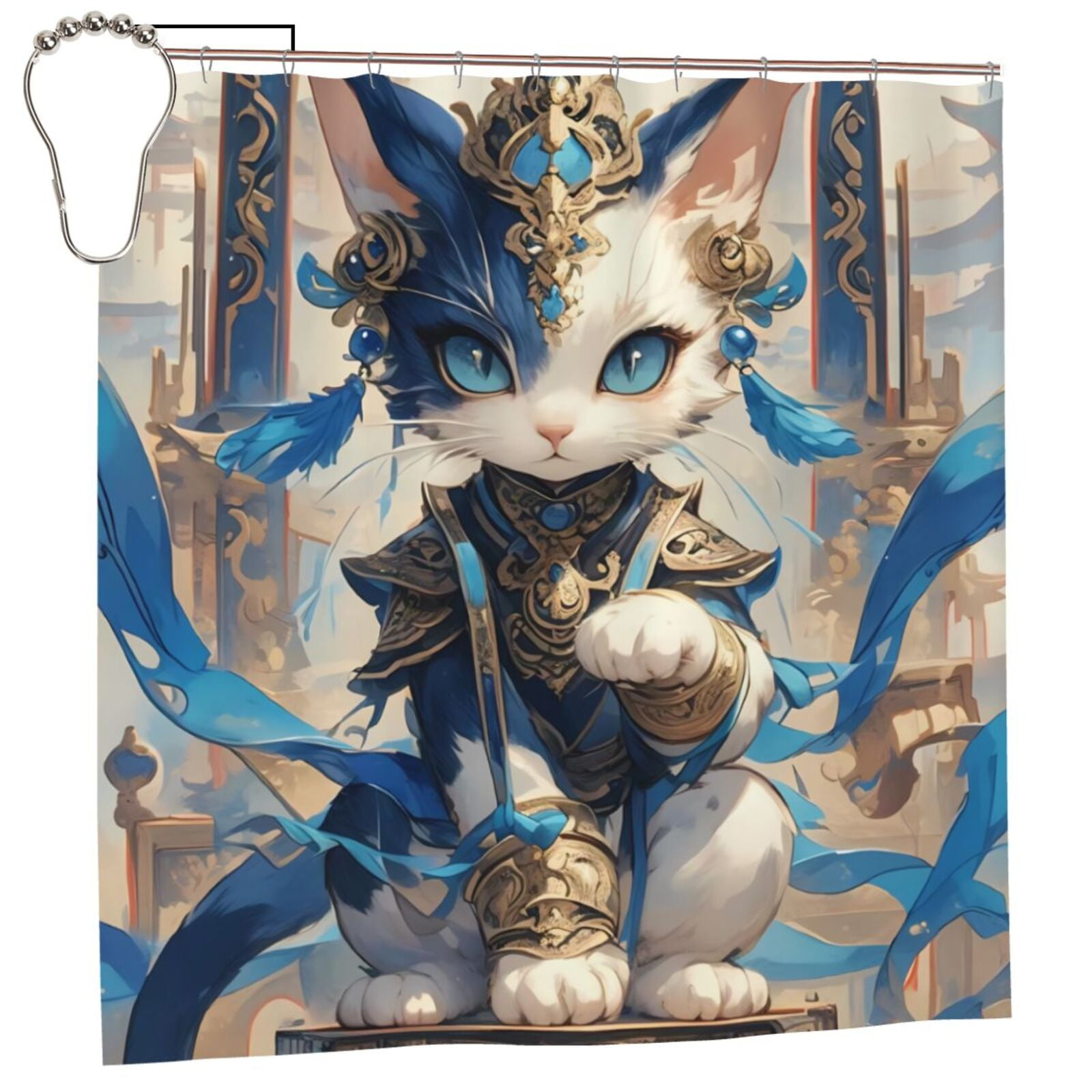 Qokaie Exotic Blue Cat Pattern Shower Curtain with 12 Plastic Hooks ...