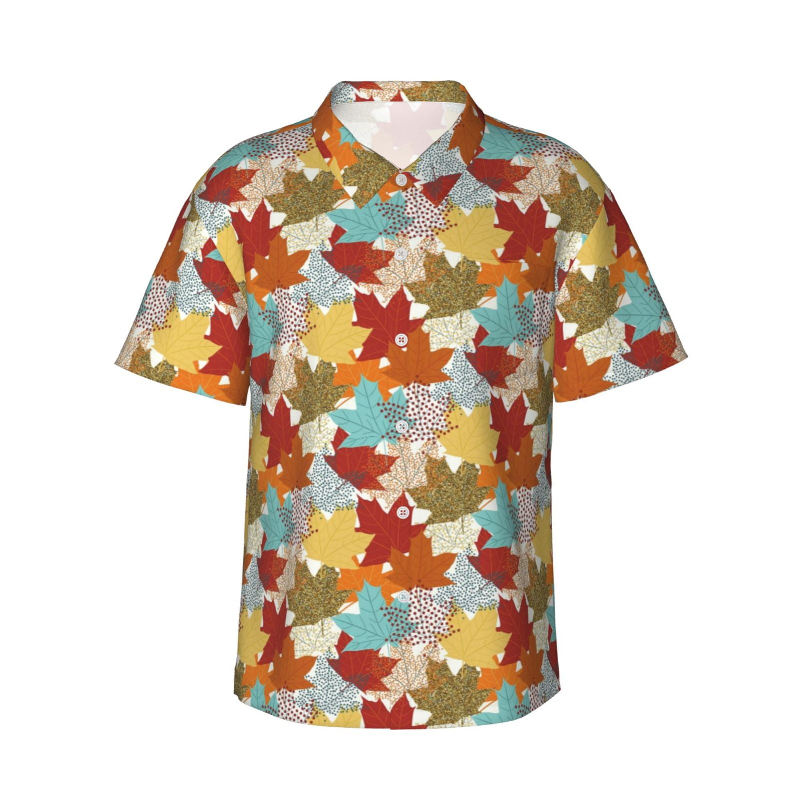 Qokaie Fall Maple Leaves Print Men’s Hawaiian Shirt – Tropical Short Sleeve Button-Down Shirt ...