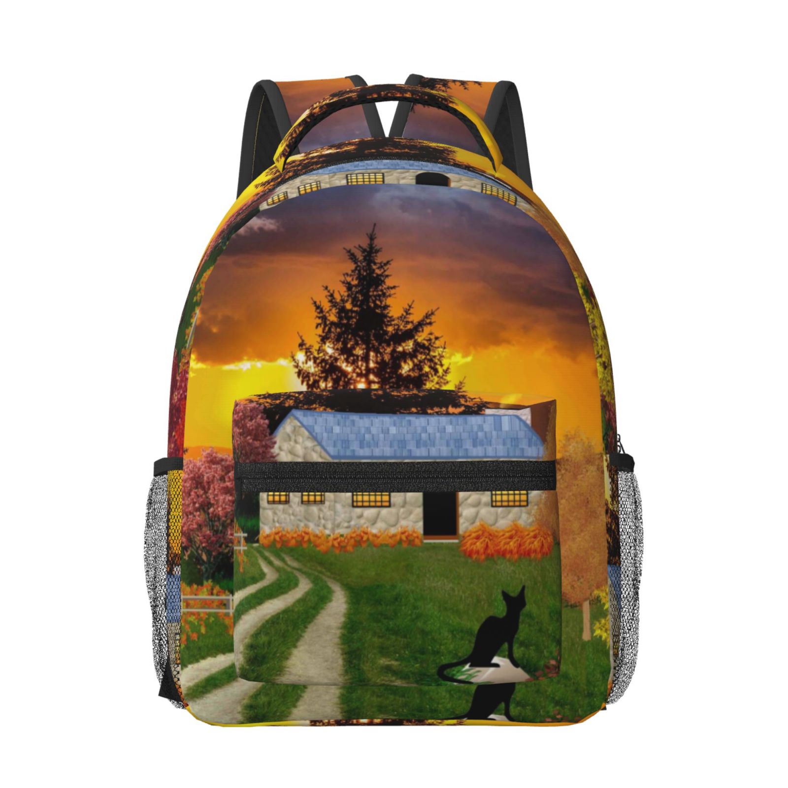 Qokaie Fall Village Scenery Style School Backpack Travel Bag for Men ...