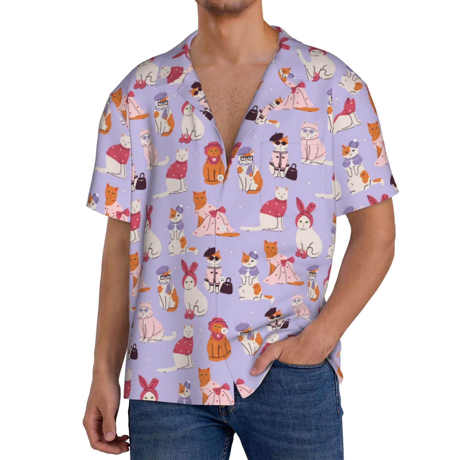 Qokaie Fashionable Cats Print Mens Casual Wrinkle Free Shirts Short ...