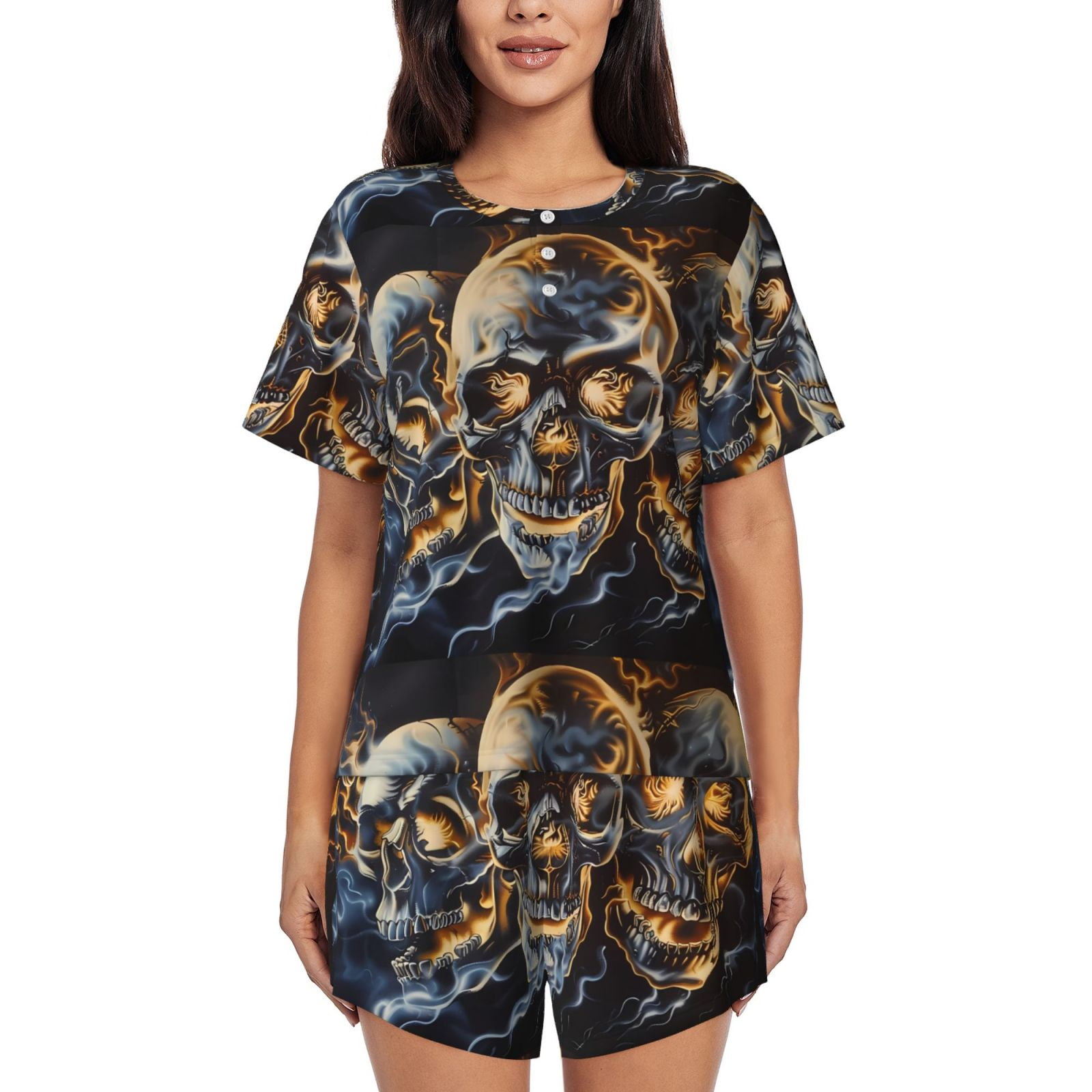 Qokaie Fiery Skull Trio Pattern Pajamas Sets for Women Soft Short ...