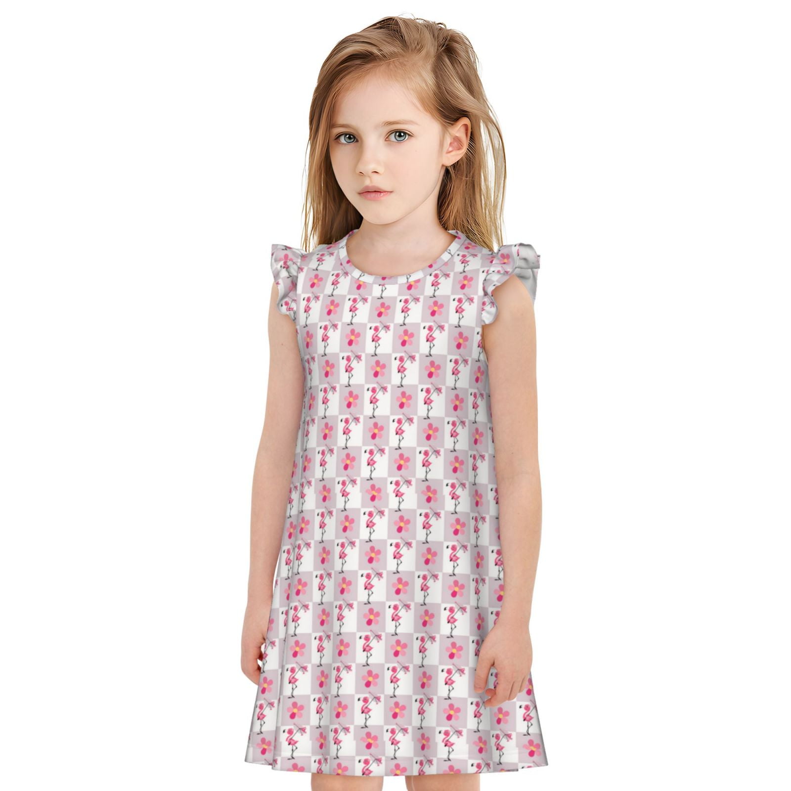 Qokaie Flamingo On Checkered Print Girls Nightgowns, Nightgown Princess ...