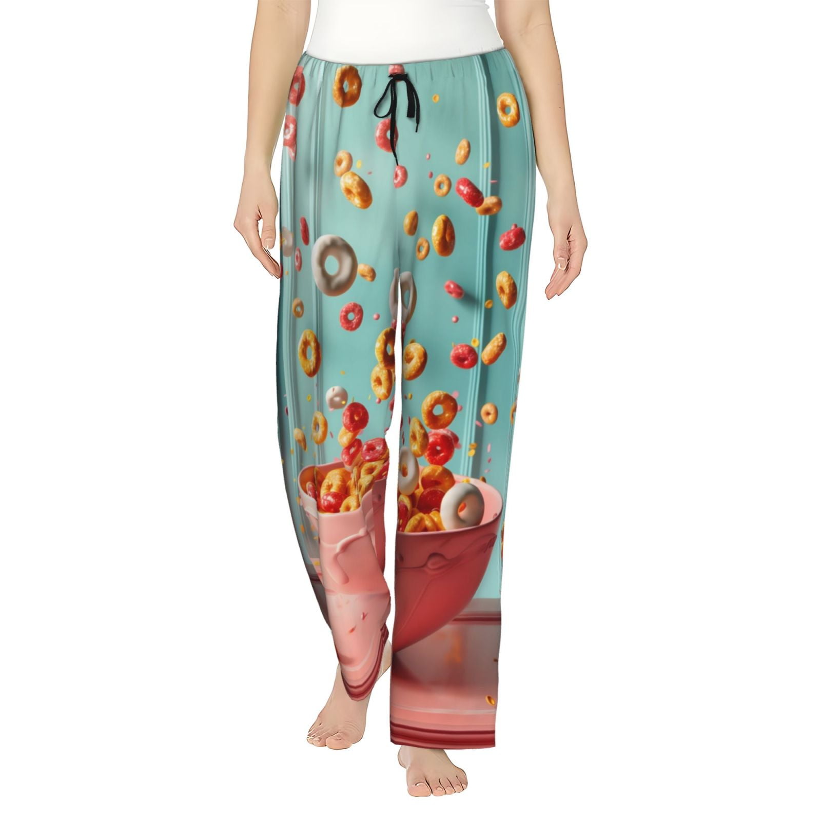 Qokaie Floating Colorful Cereal Drawing Silky Soft Women Pajama Pants ...
