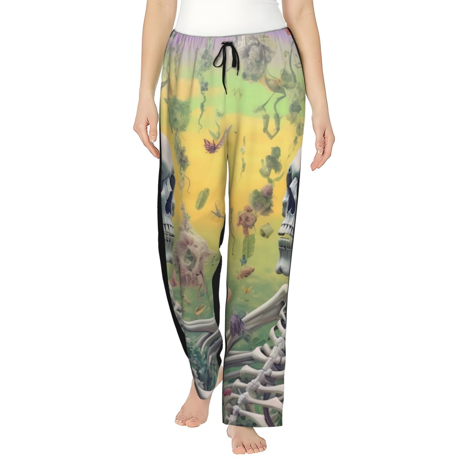 Qokaie Flower Butterfly Skull Couple Drawing Silky Soft Women Pajama ...