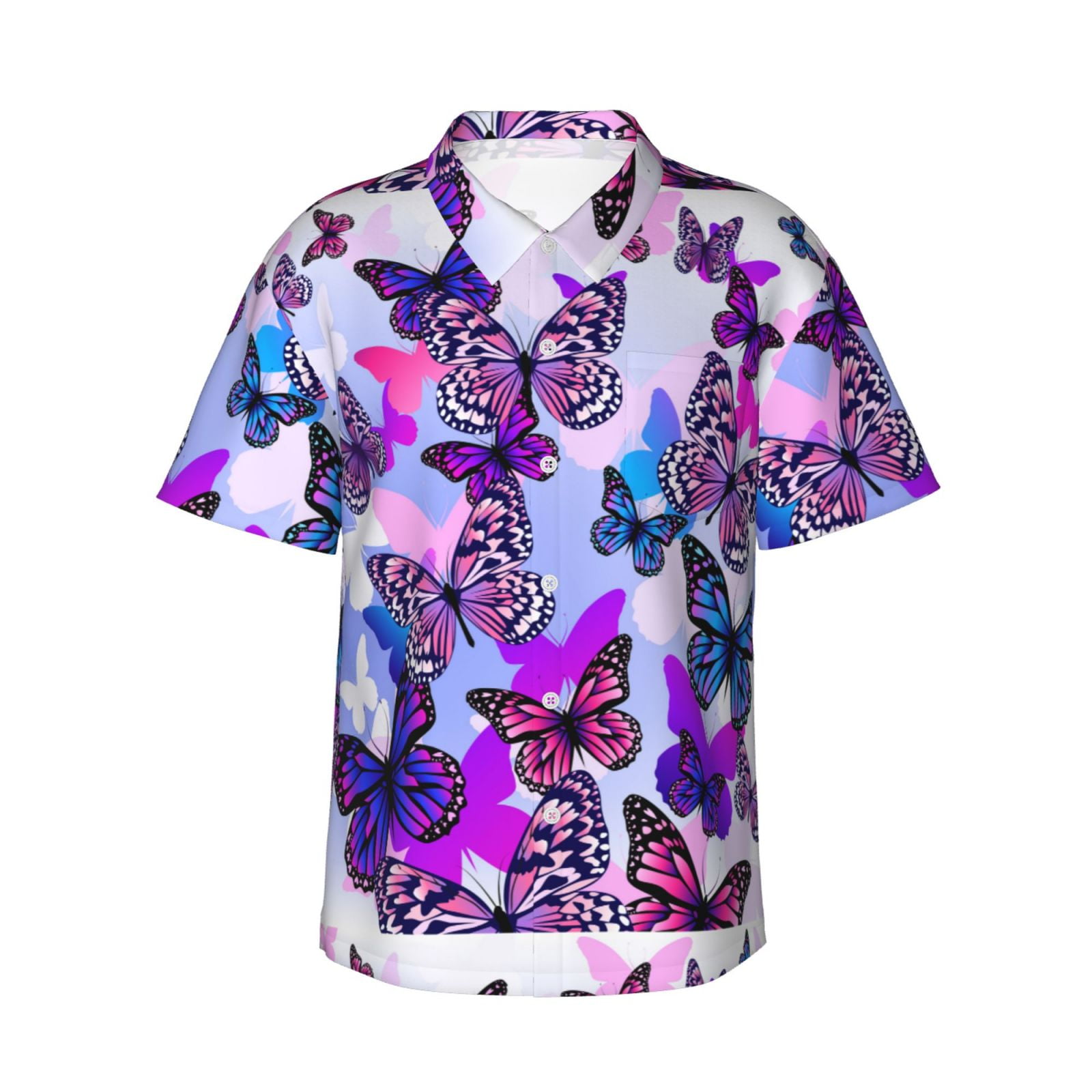 Qokaie Flying Butterflies Print Men’s Hawaiian Shirt – Tropical Short Sleeve Button-Down Shirt ...