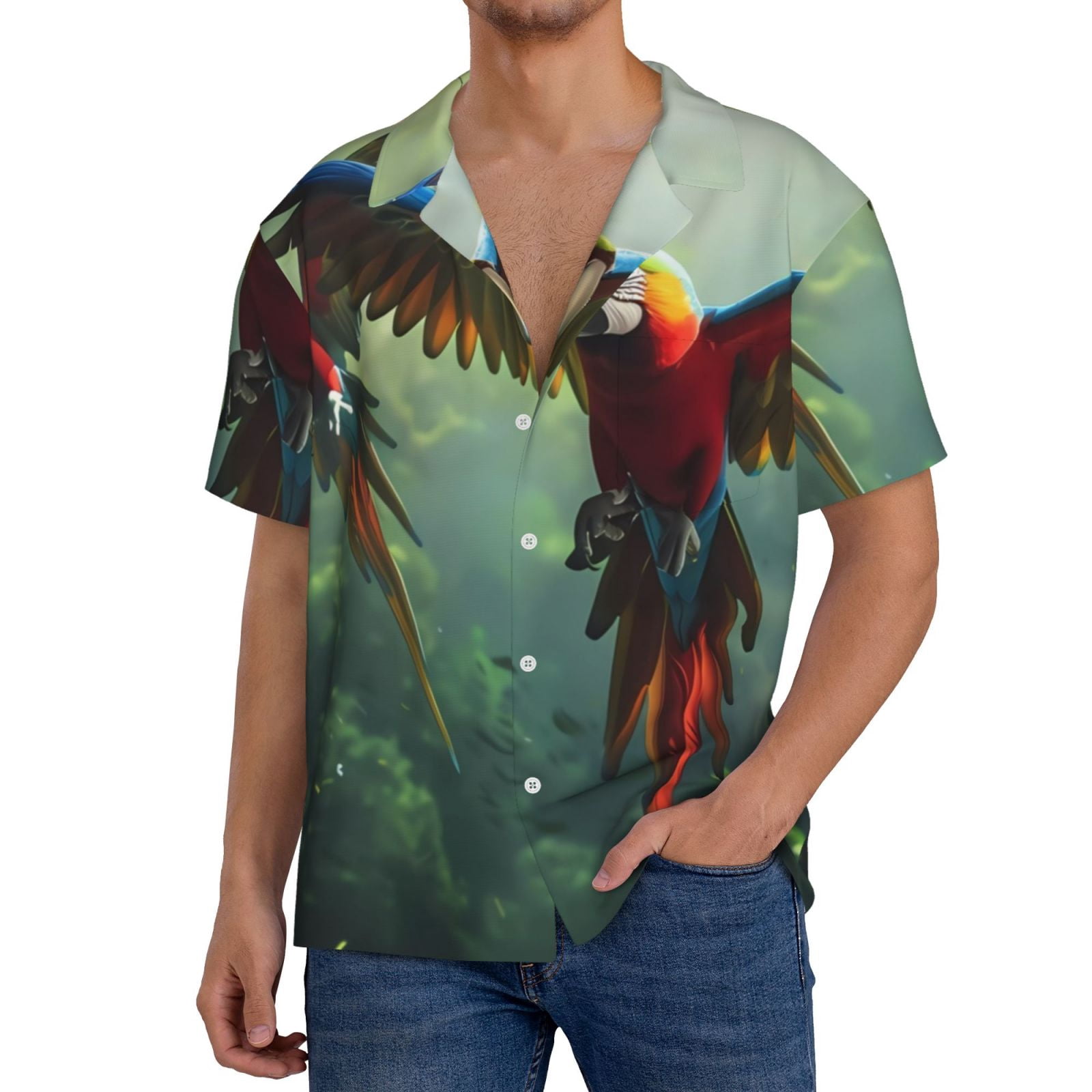 Qokaie Flying Parrots In Jungle Men's Shirts Casual Short Sleeve Button Down Summer Holiday ...