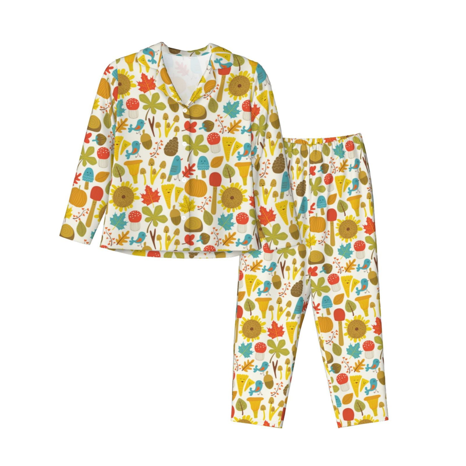 Qokaie Forest Mushrooms Print Womens Pajama Set, 2 Piece Soft Long ...