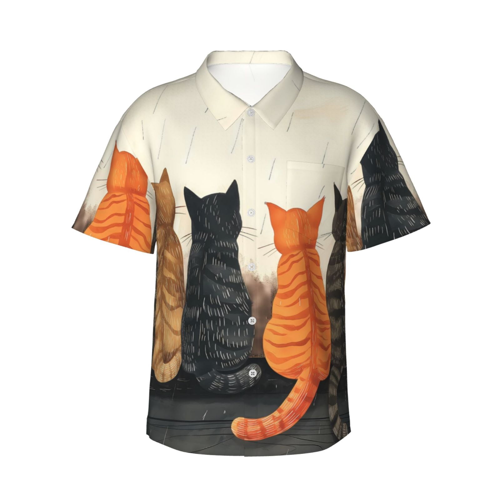 Qokaie Four Cats Watching Rain Print Men’s Hawaiian Shirt – Tropical ...