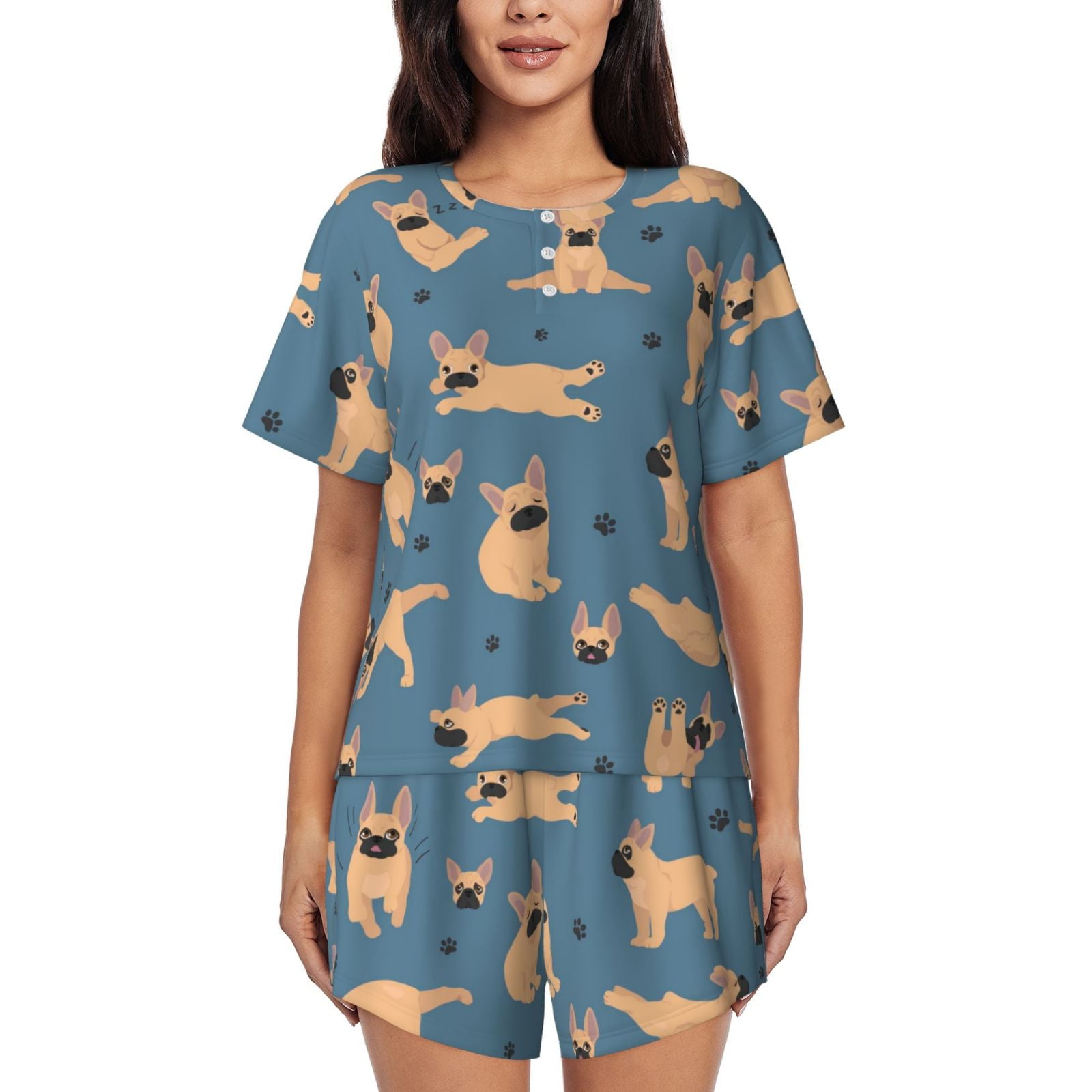 Qokaie French Bulldog Yoga Pattern Pajamas Sets for Women Soft Short ...