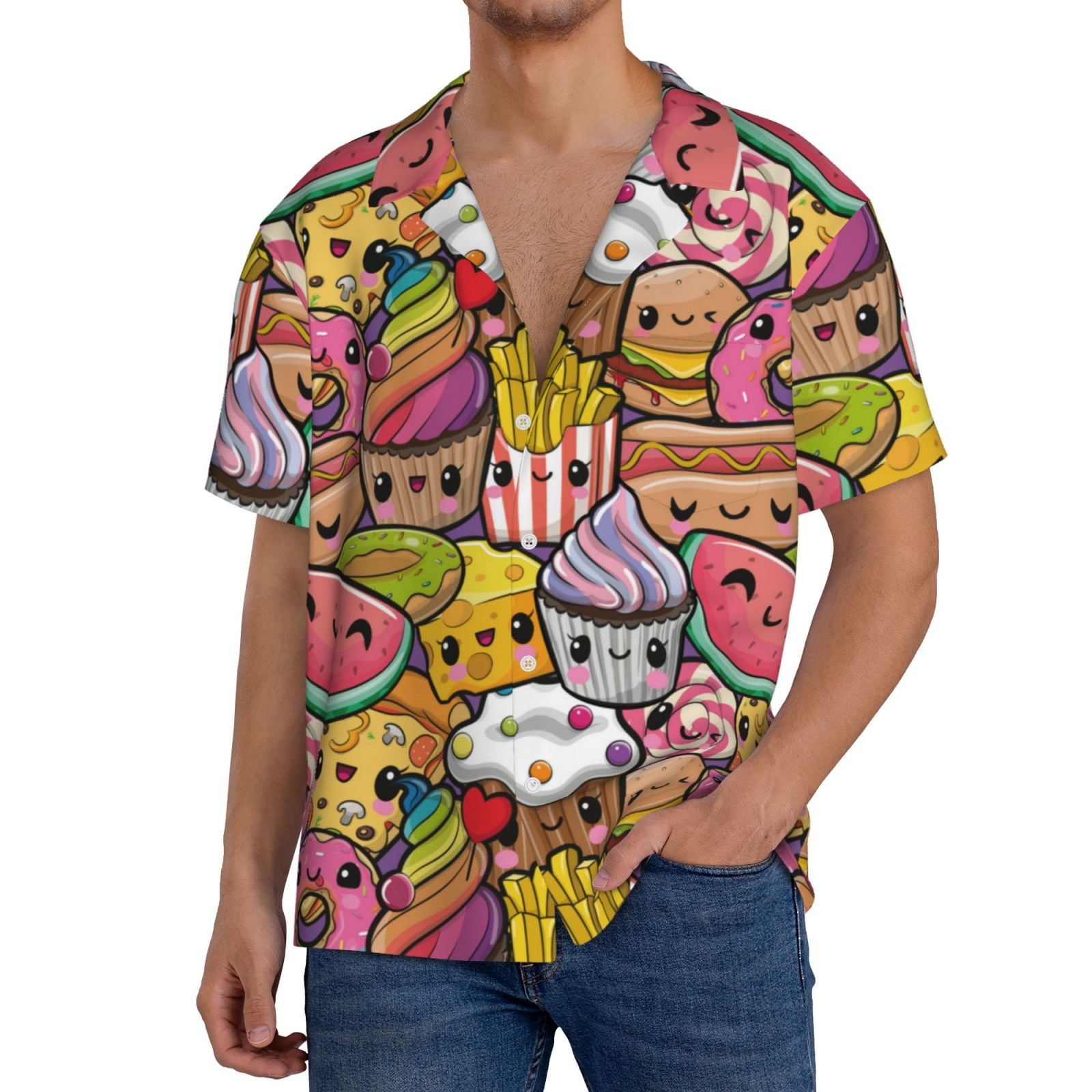 Qokaie Fruit-Flavored Ice-Cream Print Mens Casual Wrinkle Free Shirts ...