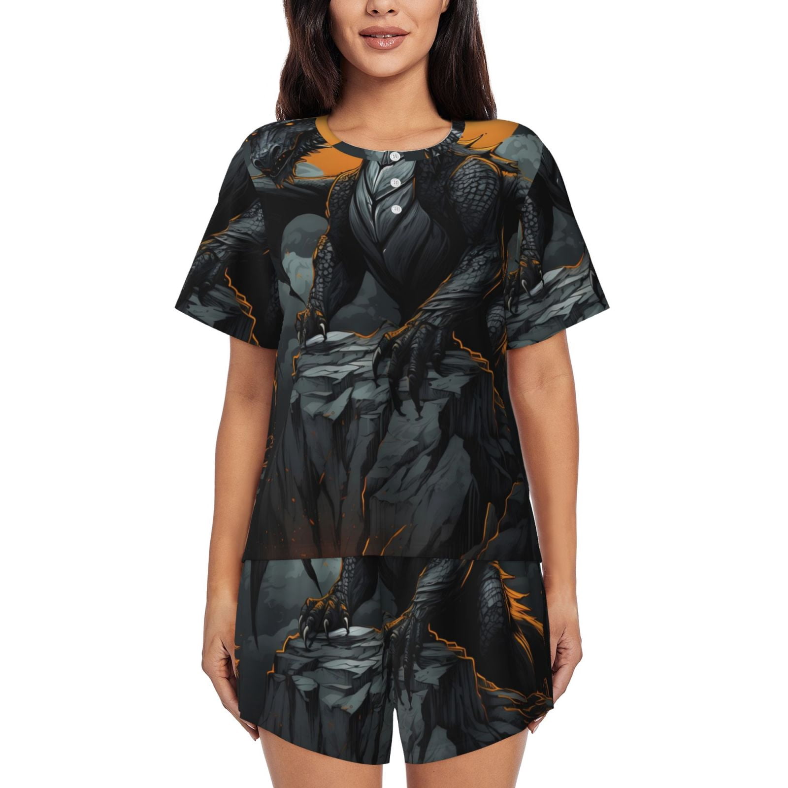 Qokaie Full Moon Black Dragon Pattern Pajamas Sets for Women Soft Short ...