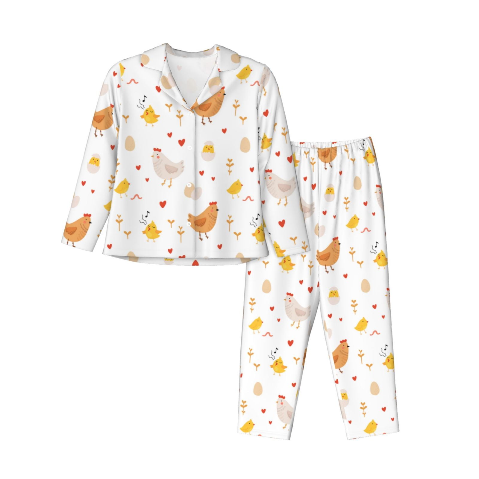 Qokaie Funny Chicken Print Womens Pajama Set, 2 Piece Soft Long Sleeve ...