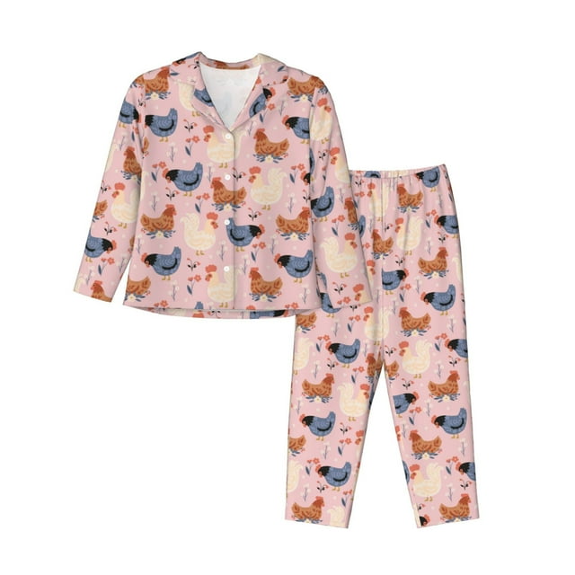 Qokaie Funny Chicken Print Womens Pajama Set, 2 Piece Soft Long Sleeve ...