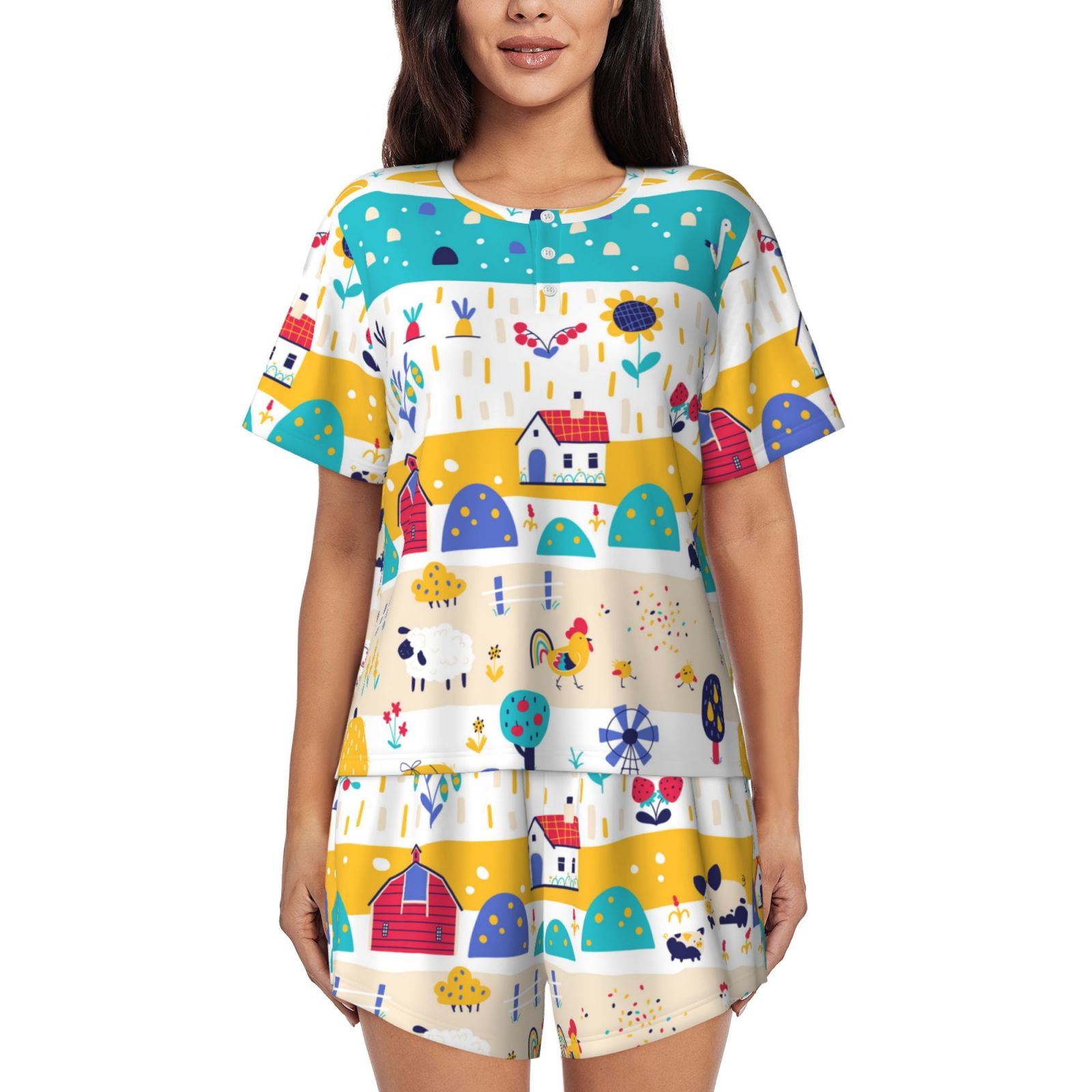 Qokaie Funny Farm Pattern Pajamas Sets for Women Soft Short-Sleeved Pjs ...