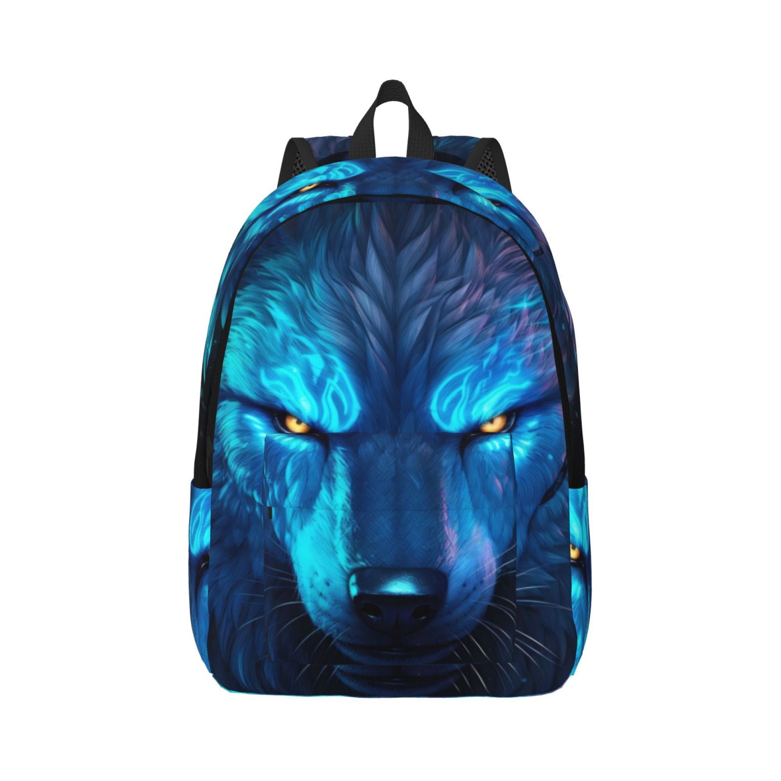 Qokaie Futuristic Blue Light Wolf Pattern Canvas Backpack Travel ...