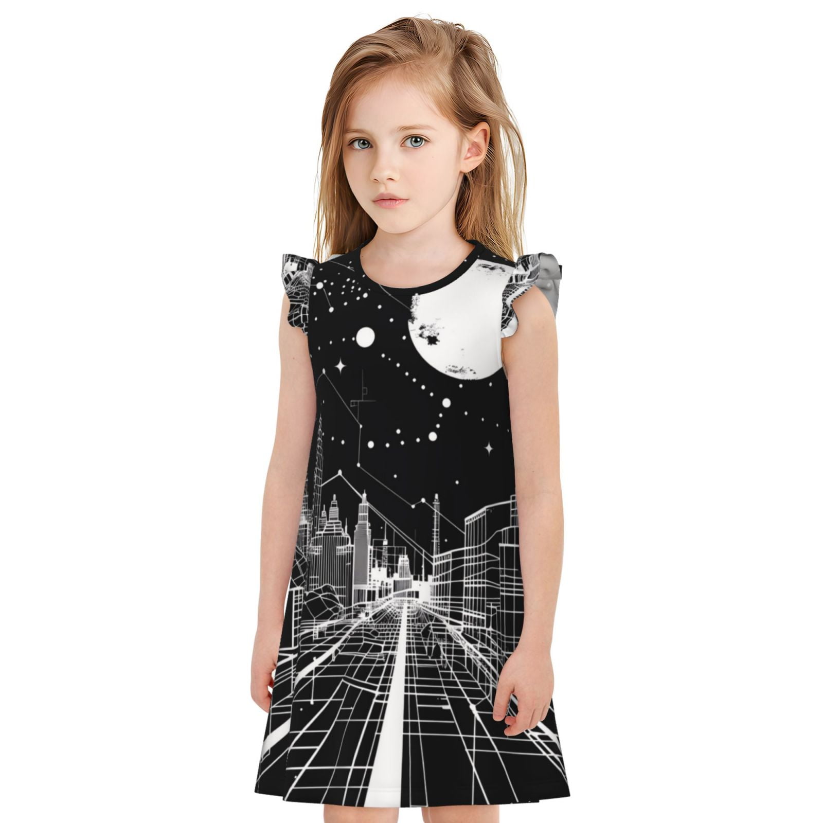 Qokaie Futuristic Moonlit Cityscape Print Girls Nightgowns, Nightgown ...