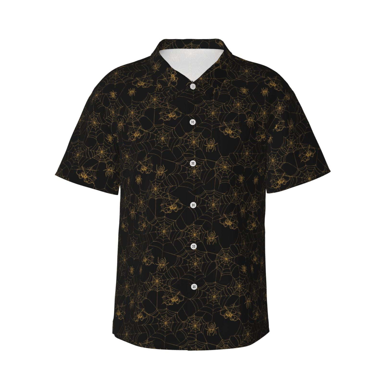 Qokaie Gold Spiders And Cobwebs Print Men’s Hawaiian Shirt – Tropical ...