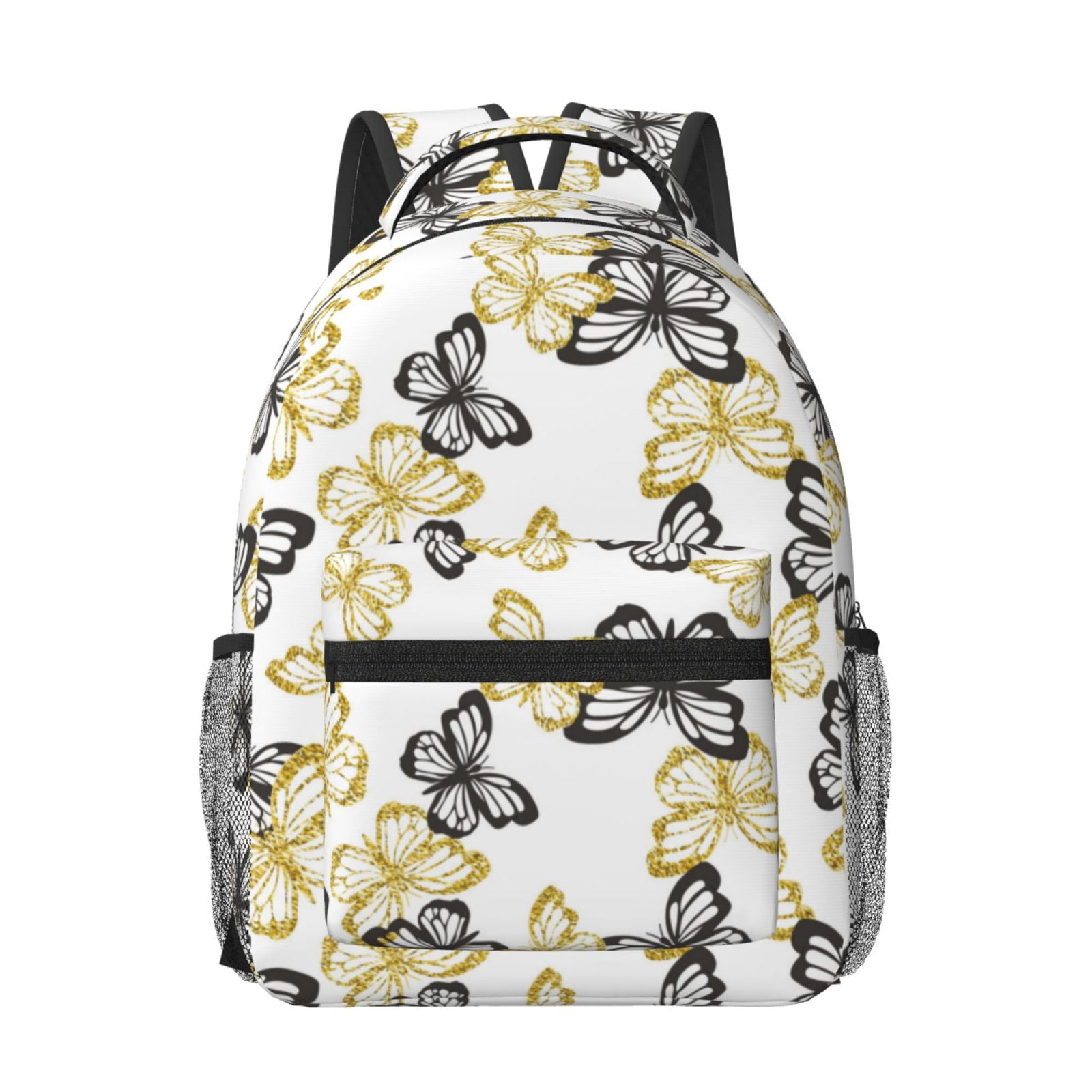 Qokaie Golden Glitter Butterflies Style School Backpack Travel Bag for ...