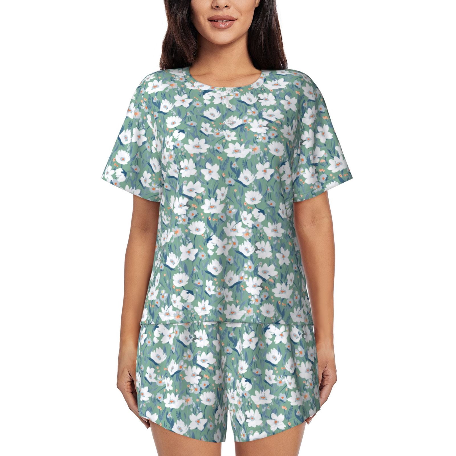 Qokaie Gouache Flowers Pattern Pajamas Sets for Women Soft Short ...