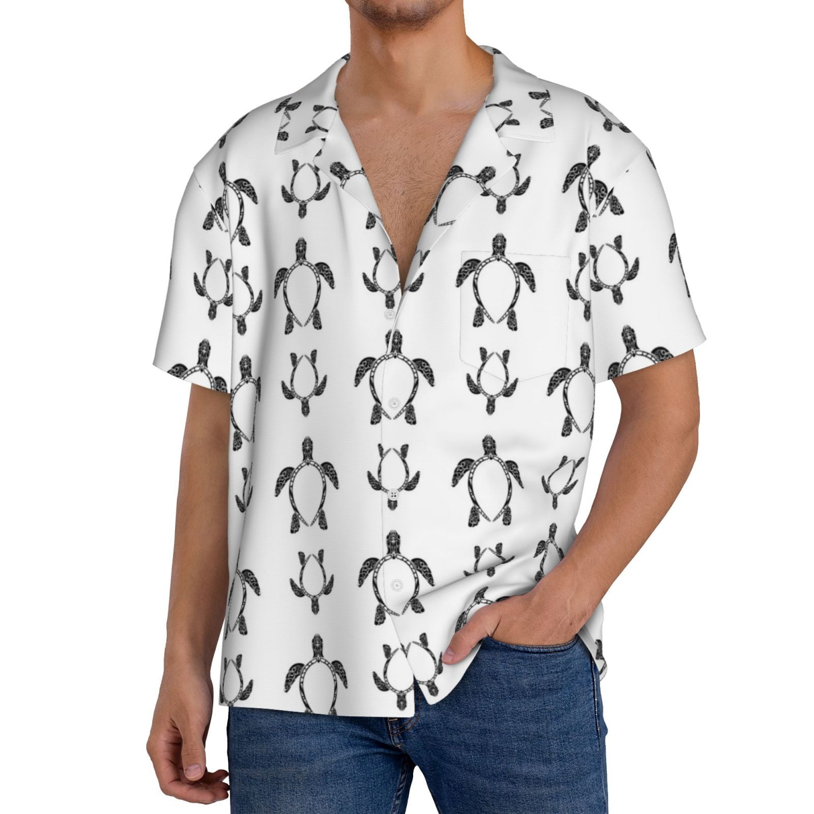 Qokaie Hand Drawn Turtle Print Mens Casual Wrinkle Free Shirts Short ...