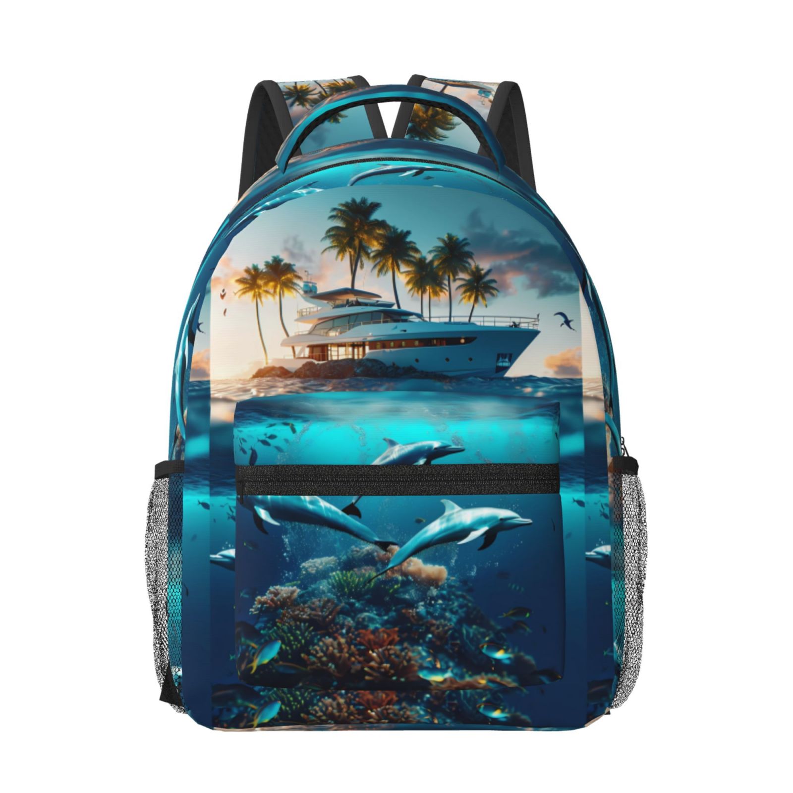 Qokaie Hawaiian Ship Dolphin Style School Backpack Travel Bag for Men ...