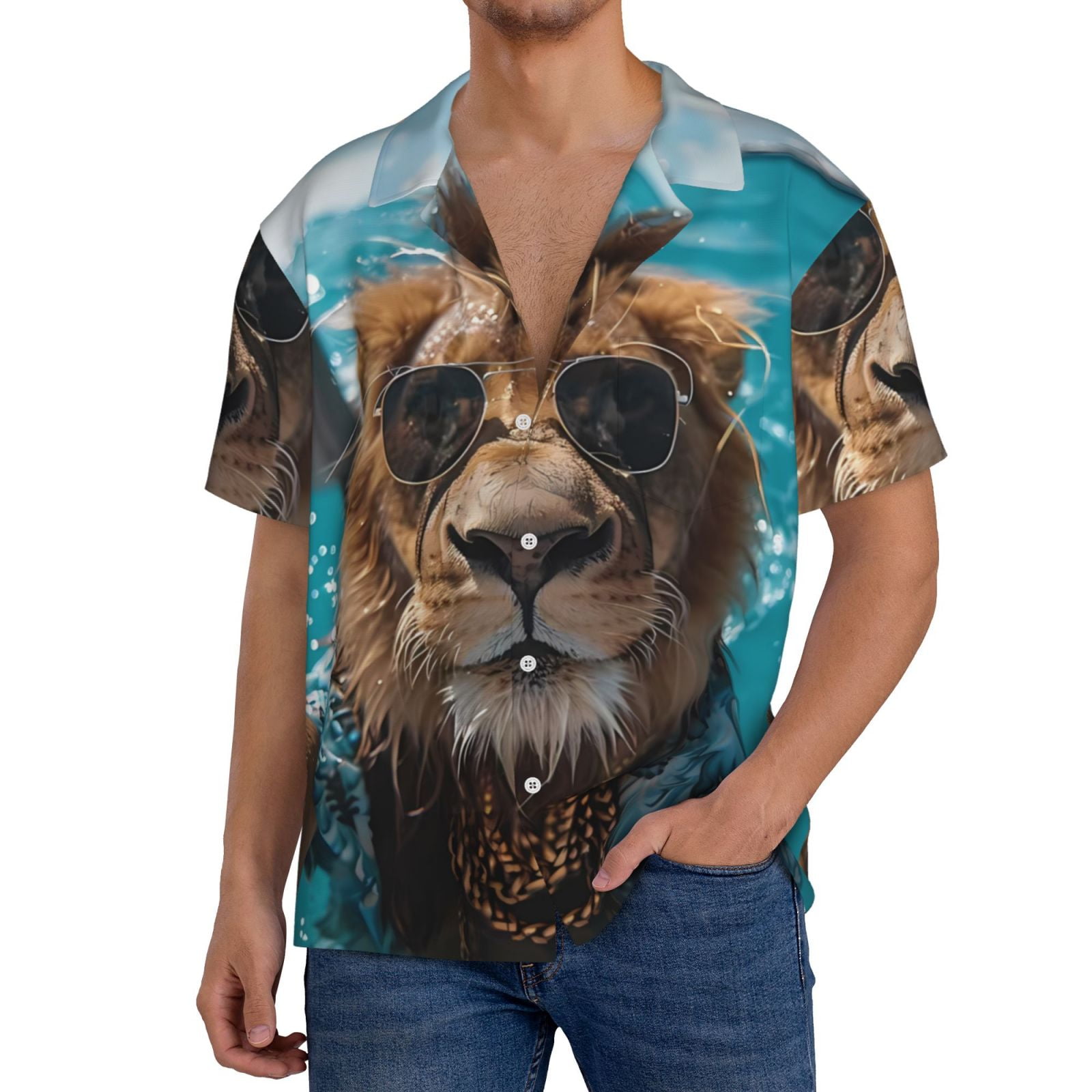 Qokaie Hawaiian Swimming Lion Print Mens Casual Wrinkle Free Shirts ...