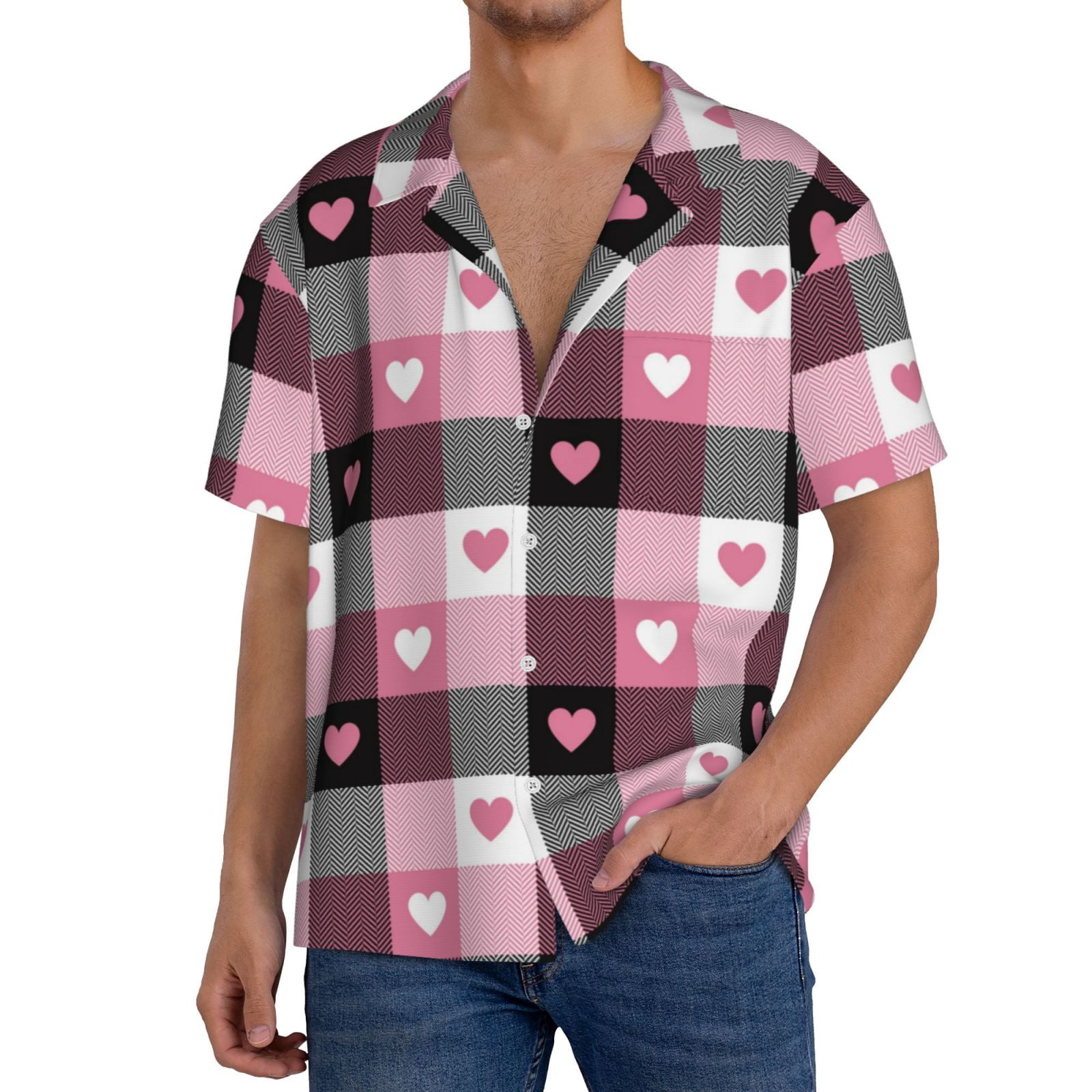 Qokaie Heart Plaid Print Mens Casual Wrinkle Free Shirts Short Sleeve ...