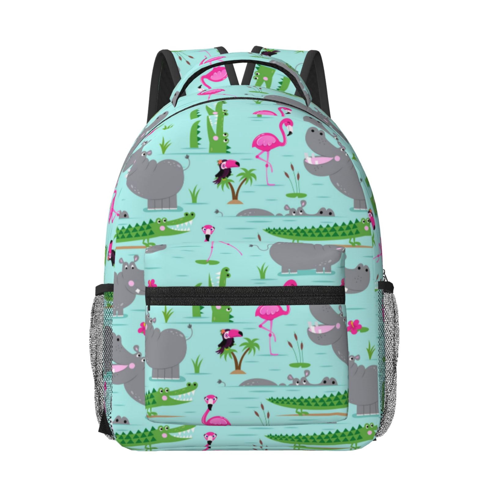 Qokaie Hippo With Flamingos And Crocodiles Style School Backpack Travel ...