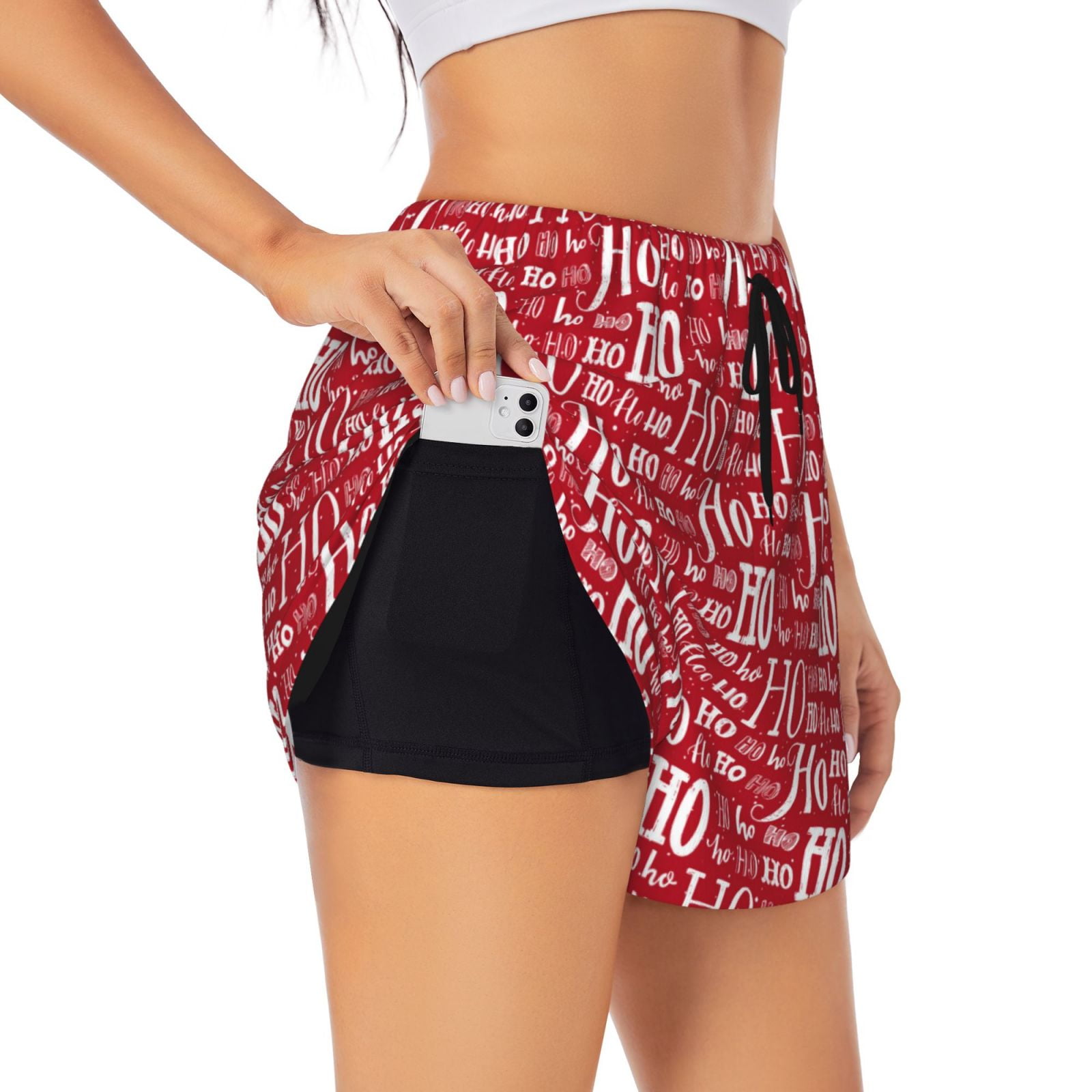 Qokaie Hohoho5 Printed Women's Running Short Elastic Waistband High ...