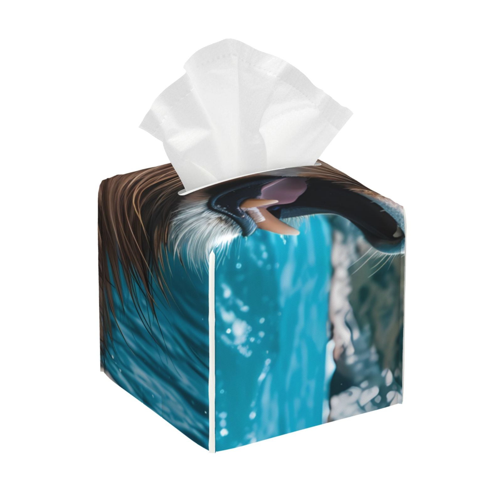 Qokaie Ice Blue Coastal Lion Print Tissue Box Cover, Refined Modern ...