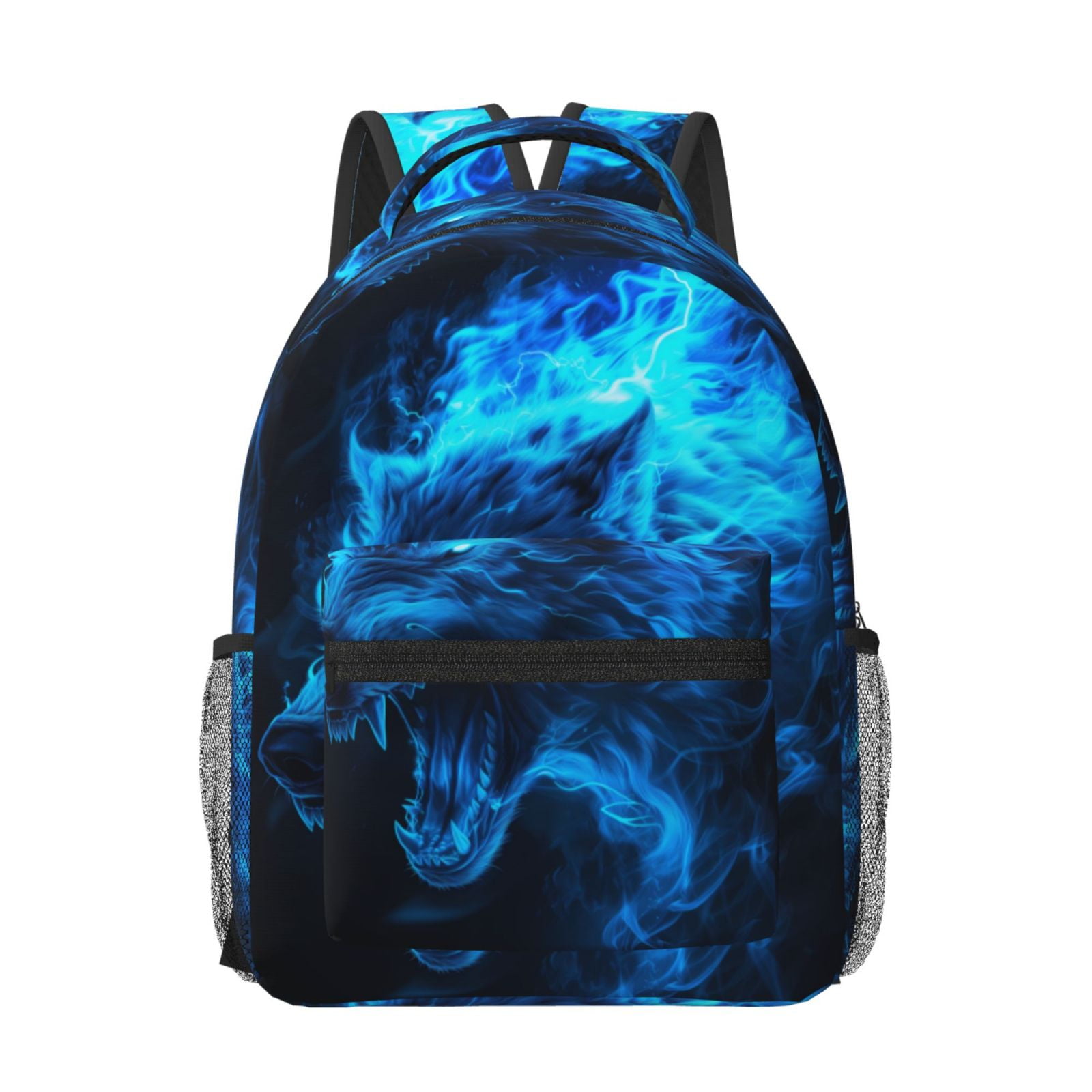 Qokaie Ice Blue Fire Wolf Style School Backpack Travel Bag for Men ...