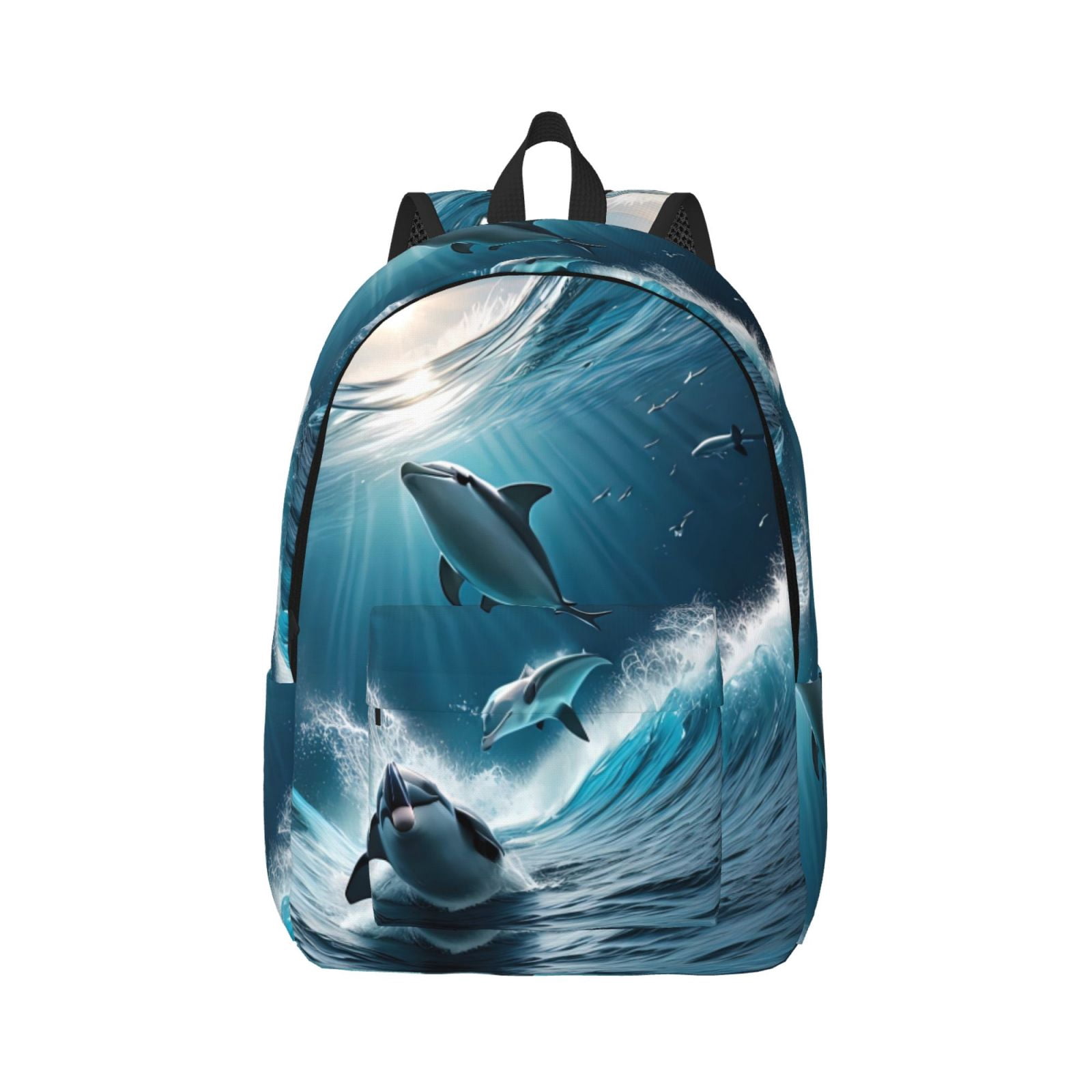 Qokaie Ice Blue Ocean Cute Dolphin A Pattern Canvas Backpack Travel ...