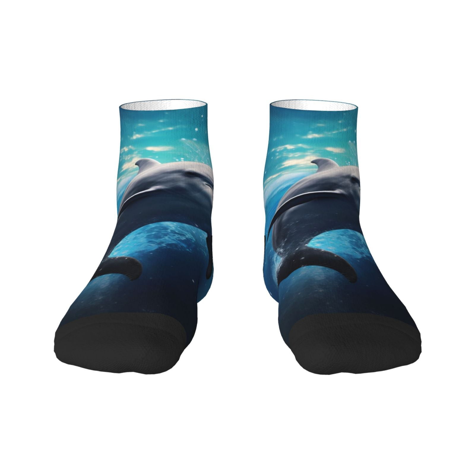 Qokaie Ice Blue Ocean Cute Dolphin Print Ankle Socks, Crew Socks ...
