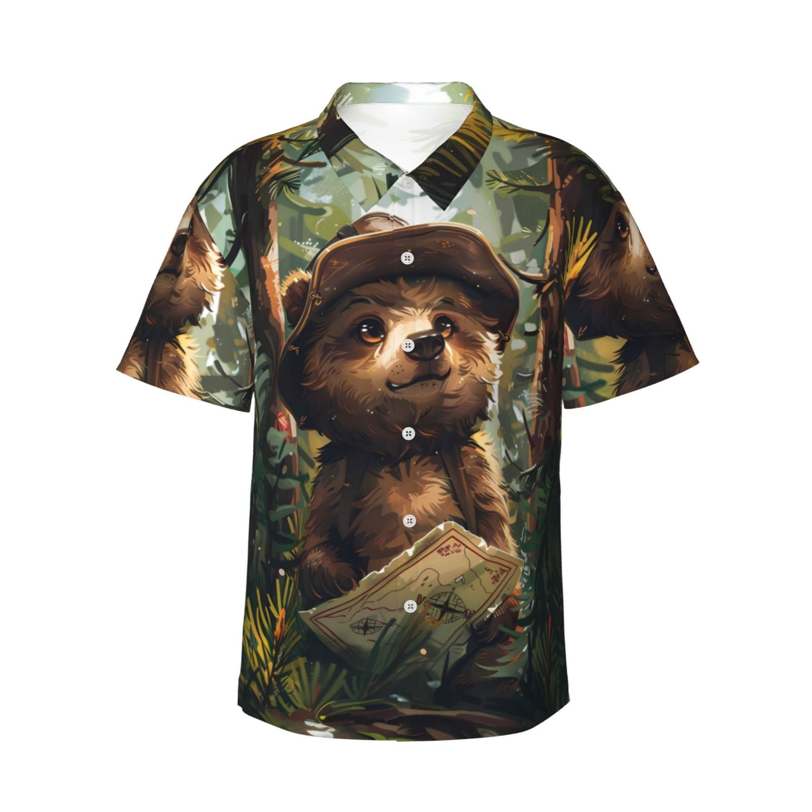 Qokaie Jungle Hat Bear Print Men’s Hawaiian Shirt – Tropical Short ...