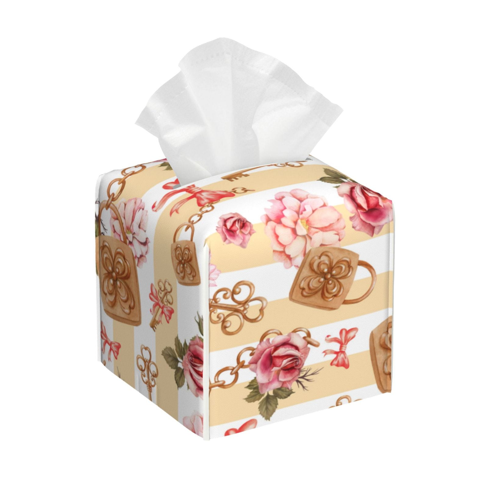 Qokaie Key Lock And Flowers Print Tissue Box Cover, Refined Modern ...